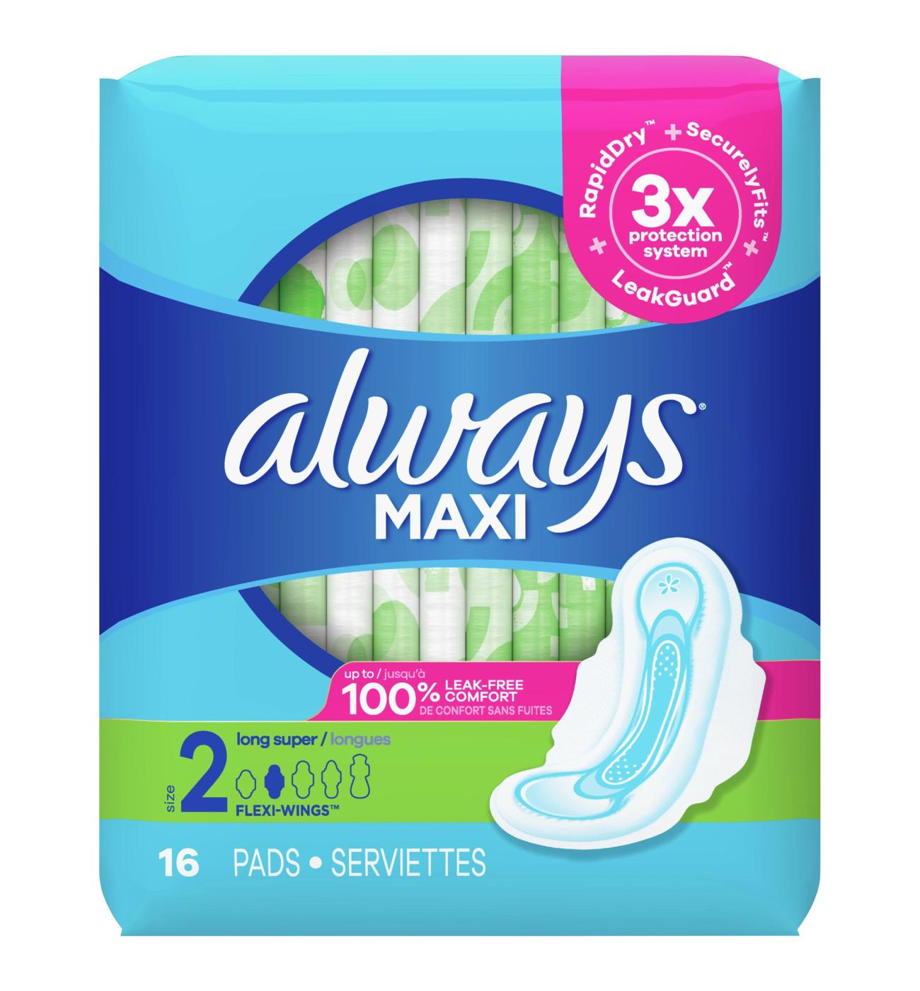 Always Maxi Long Super Pads with Wings Unscented 16 ct - Shop Pads ...