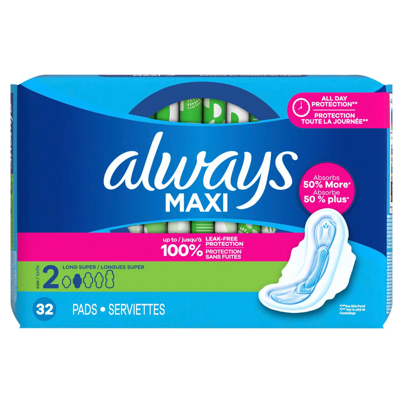 Always Maxi Pads Long Super Absorbency Unscented with Wings Size 2 ...