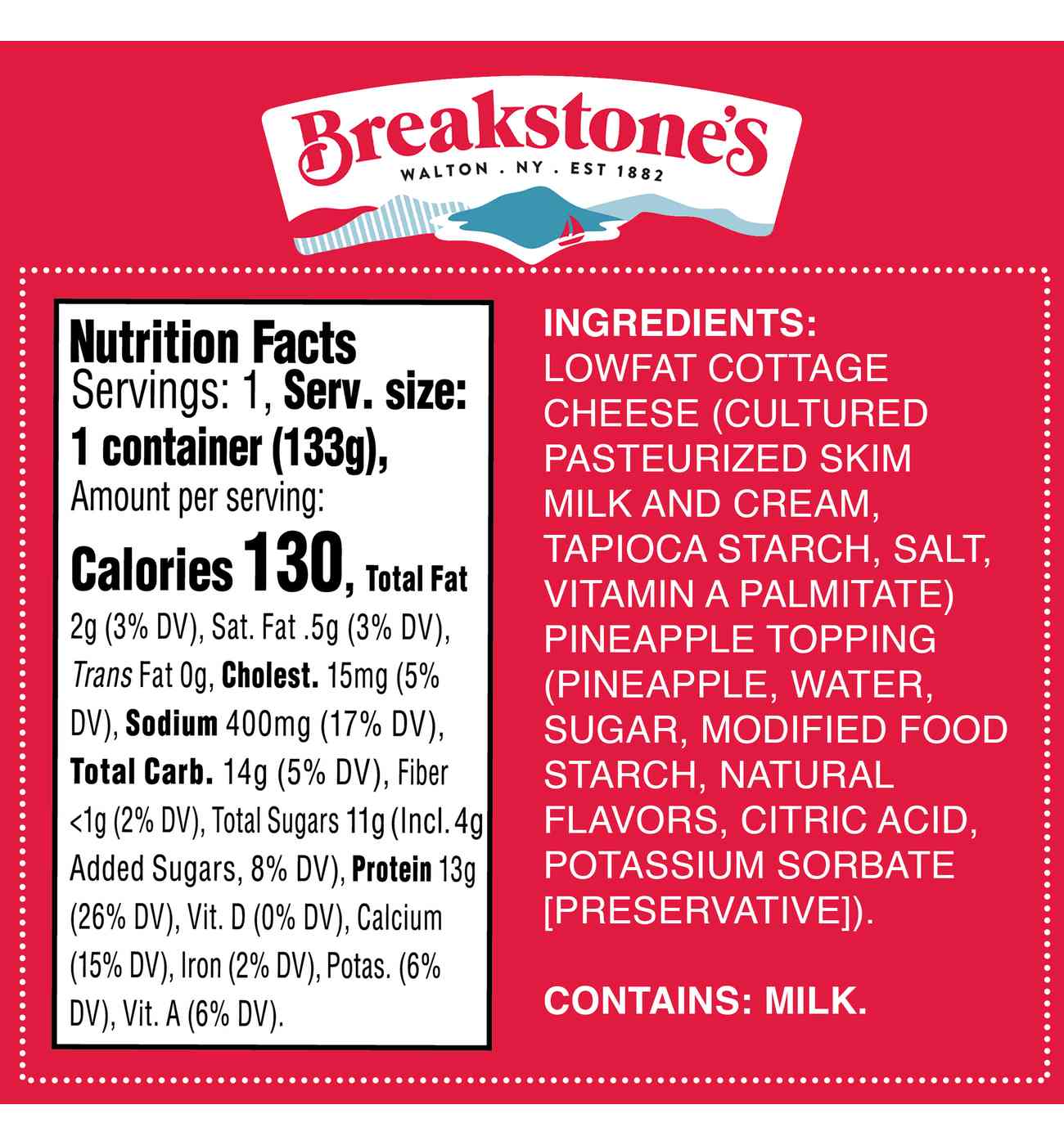 Breakstone's Cottage Doubles 2% Milkfat Lowfat Pineapple Cottage Cheese ...