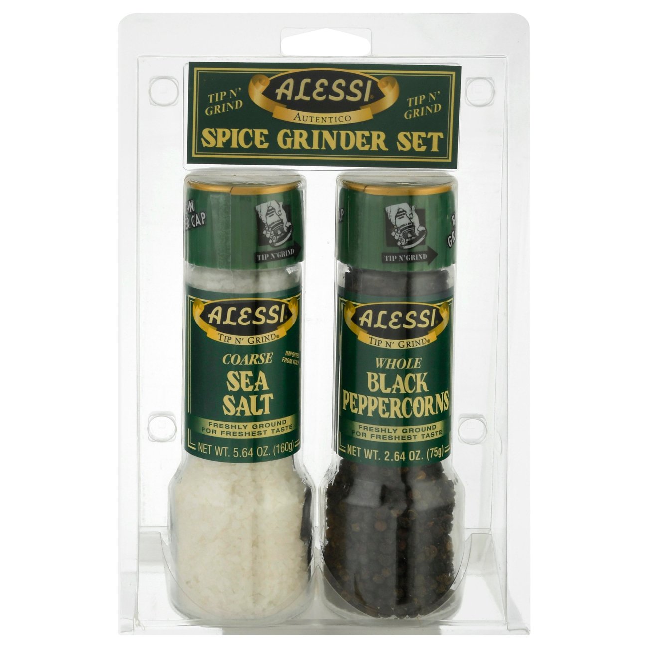 Alessi Tip N' Grind Coarse Sea Salt & Whole Black Peppercorns Set ...