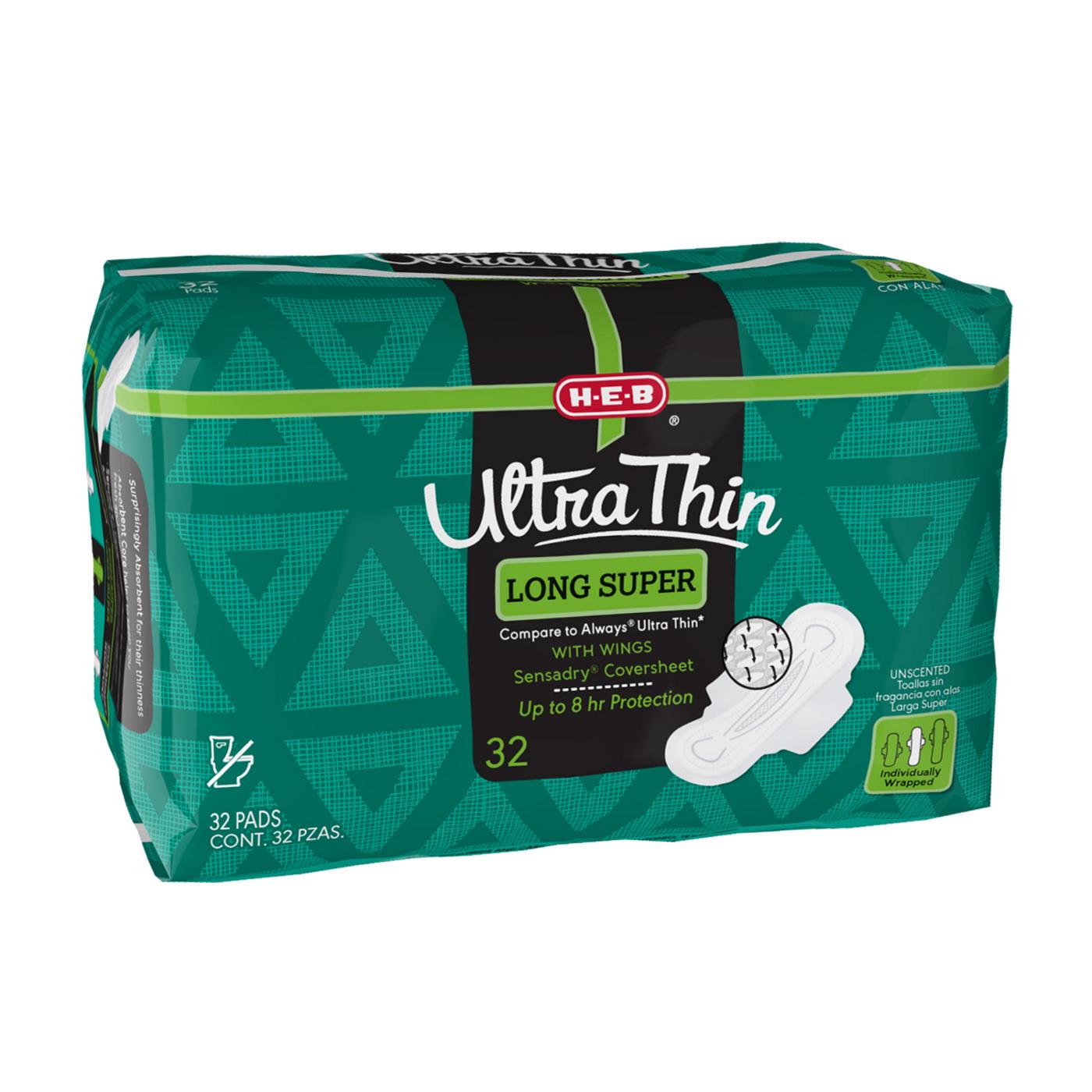 H-E-B Ultra-Thin Winged Long Super Pads - Shop Pads & liners at H-E-B