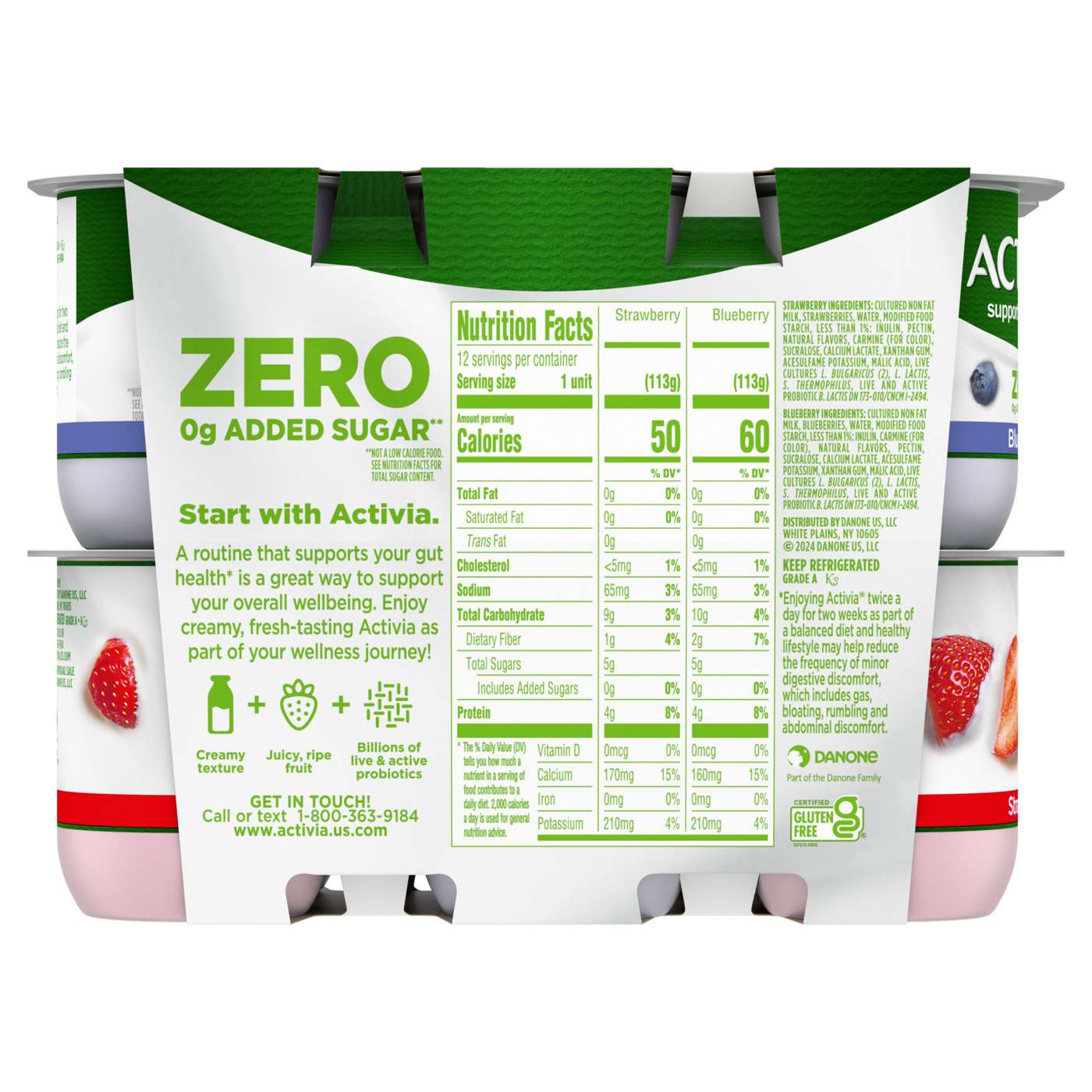 Activia Zero Added Sugar Strawberry & Blueberry Non Fat Probiotic ...