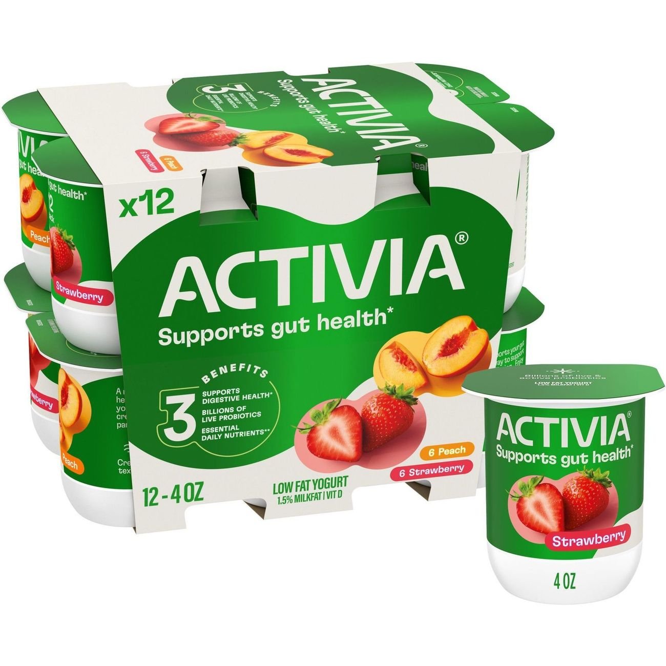 Activia Low Fat Probiotic Peach & Strawberry Yogurt , 12 pk | Low ...