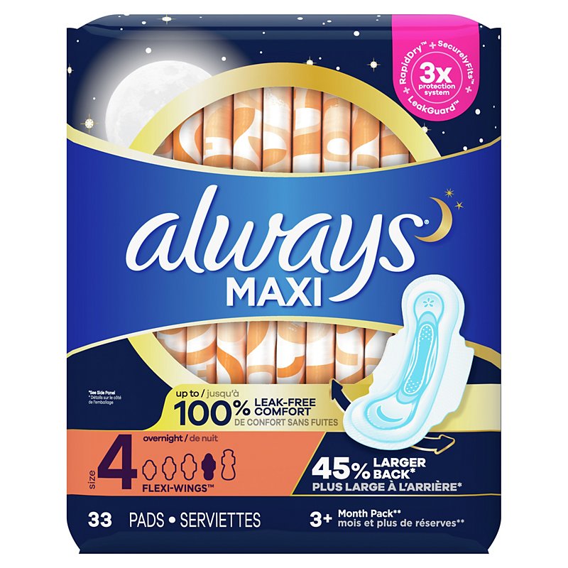 Always Maxi Pads Size 4 Overnight Absorbency Unscented with Wings ... Always Maxi Pads Size 4 Overnight Absorbency Unscented with Wings ...