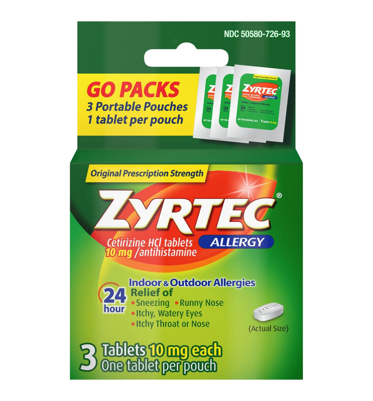 Zyrtec Travel Size 24 hr Allergy Relief Cetirizine Tablets Go Packs ...