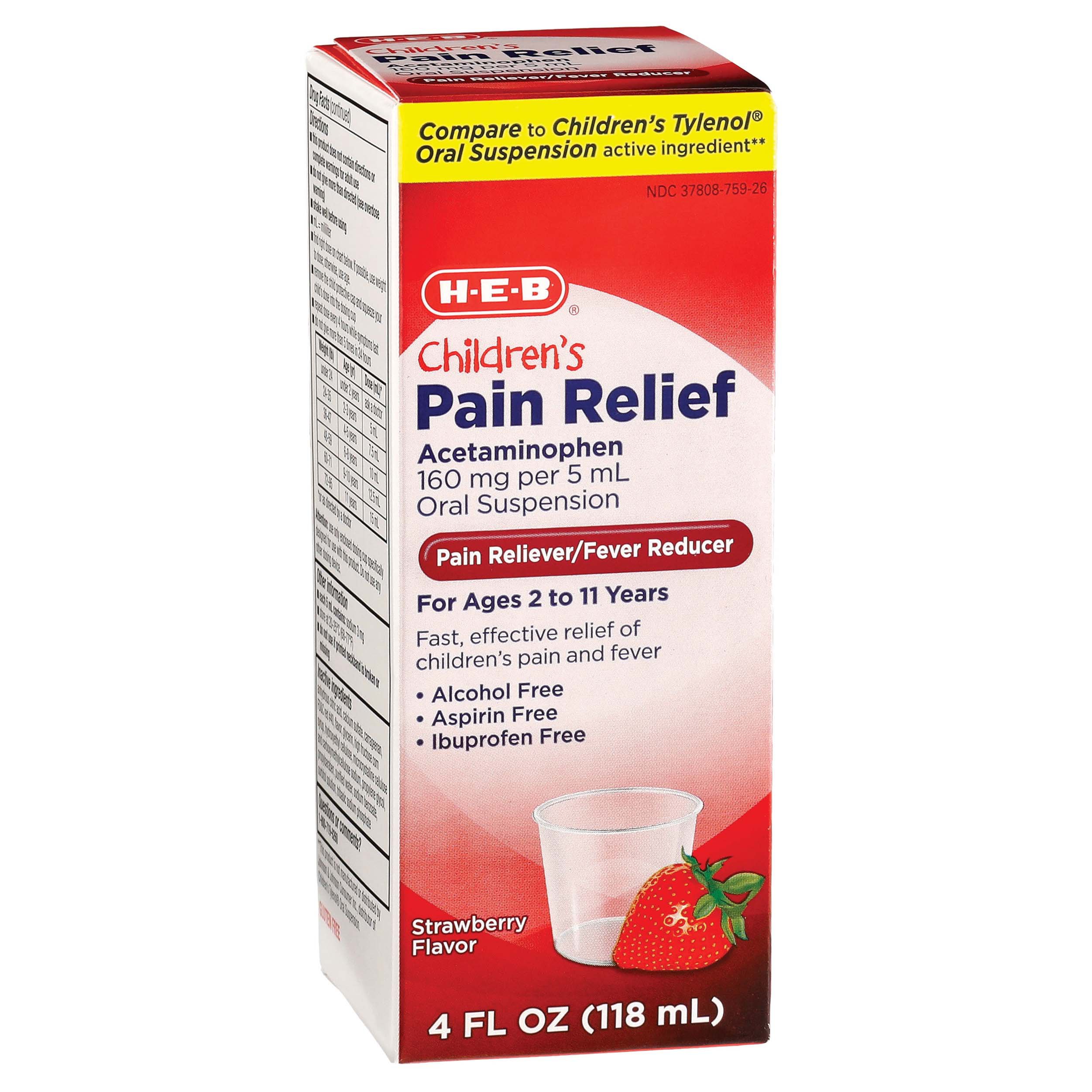 H-E-B Children's Pain Relief Acetaminophen Suspension Strawberry Liquid ...