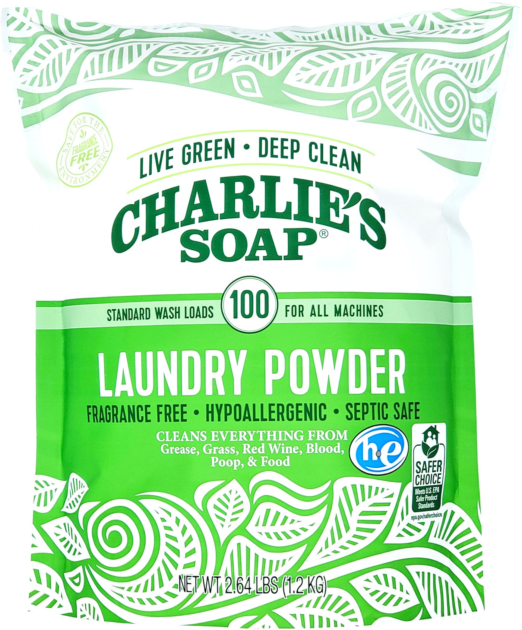 Charlie's Soap Fragrance Free Powder Laundry Detergent, 100 Loads, 2.64 ...