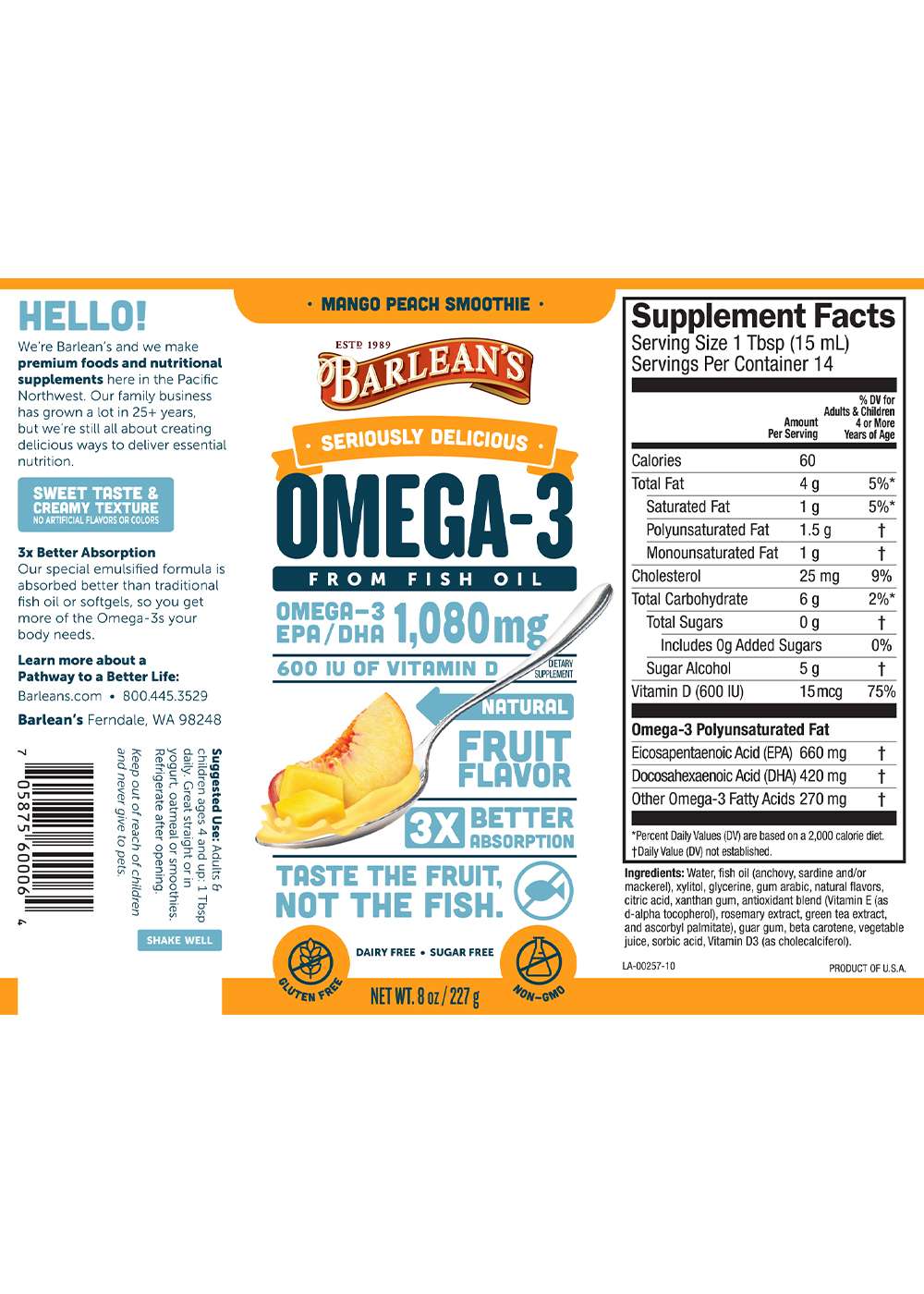 Barlean's Omega-3 Fish Oil + Vitamin D - Mango Peach Smoothie Flavor ...
