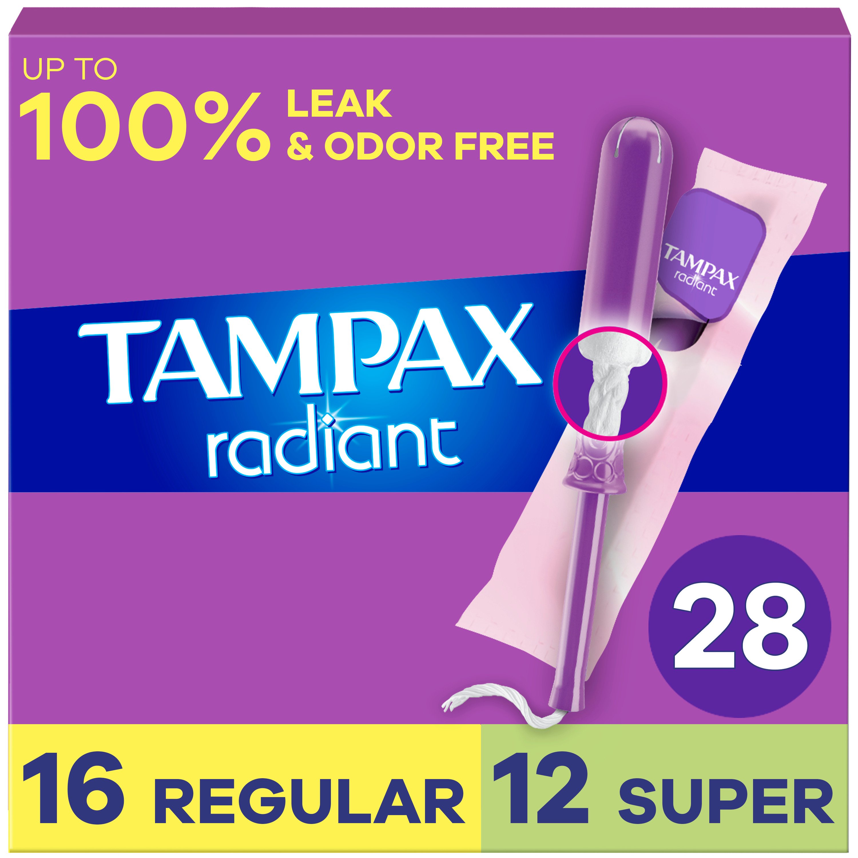 Tampax Radiant Tampons Duo Pack, Regular/Super Absorbency, Unscented ...