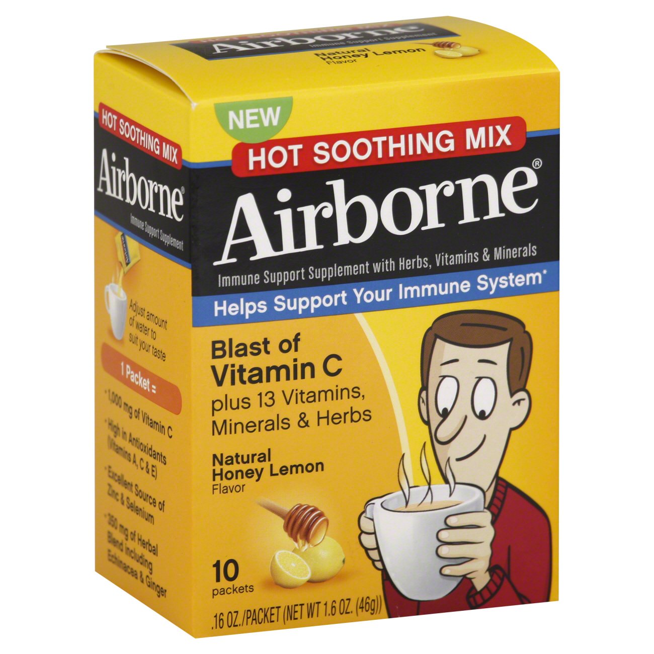 Airborne Hot Soothing Mix Immune Support Supplement Natural Honey Lemon ...