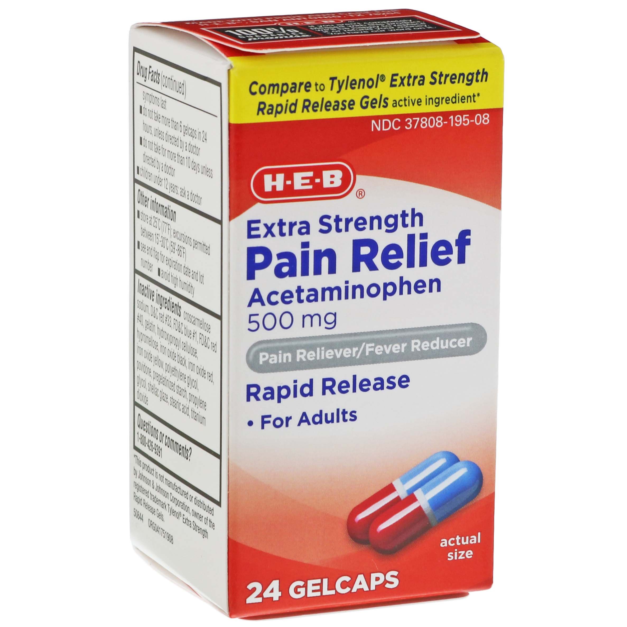 H-E-B Extra Strength Pain Relief Acetaminophen 500 mg Gelcaps, 24 ct ...