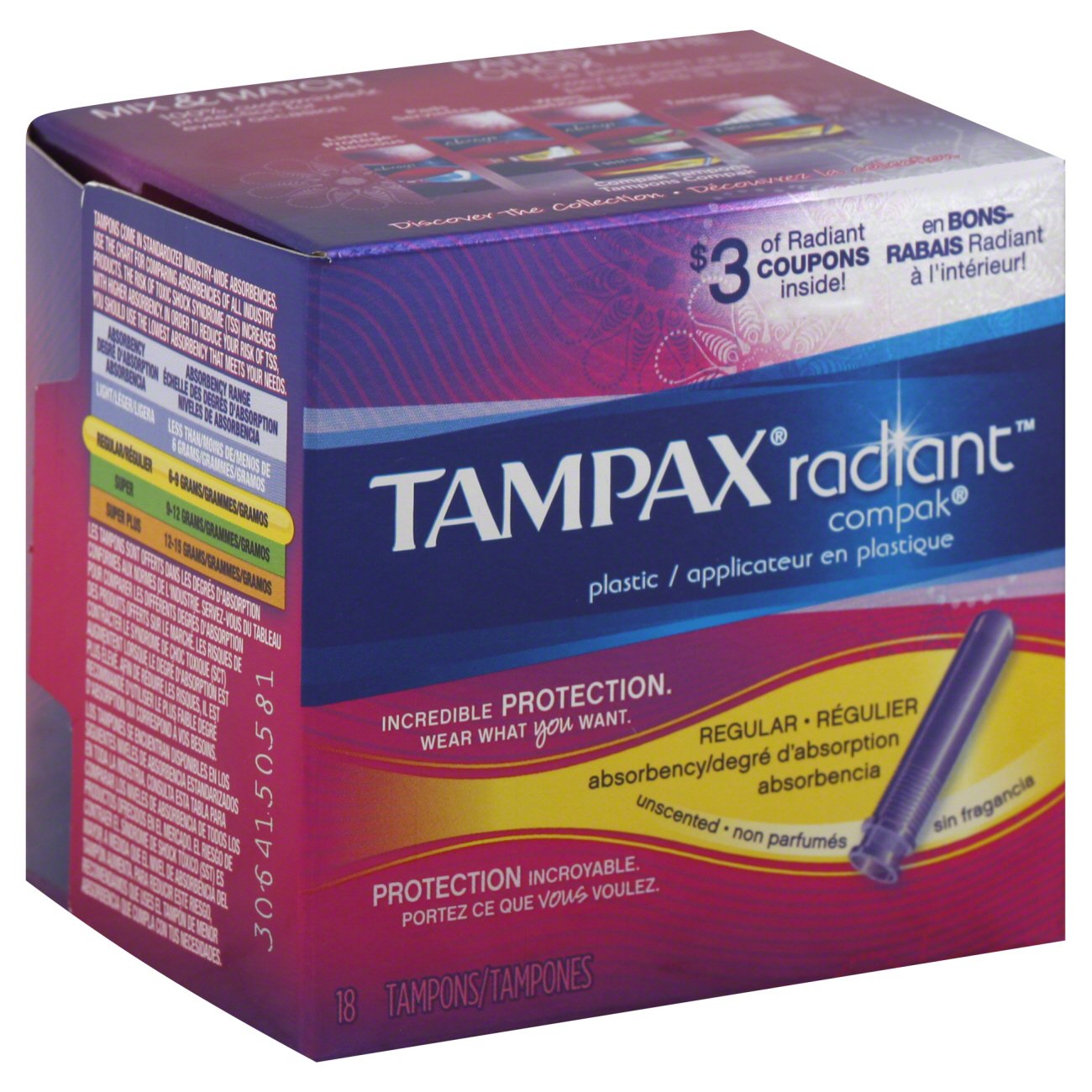 Tampax Radiant Compak Plastic Regular Absorbency Unscented Tampons ...