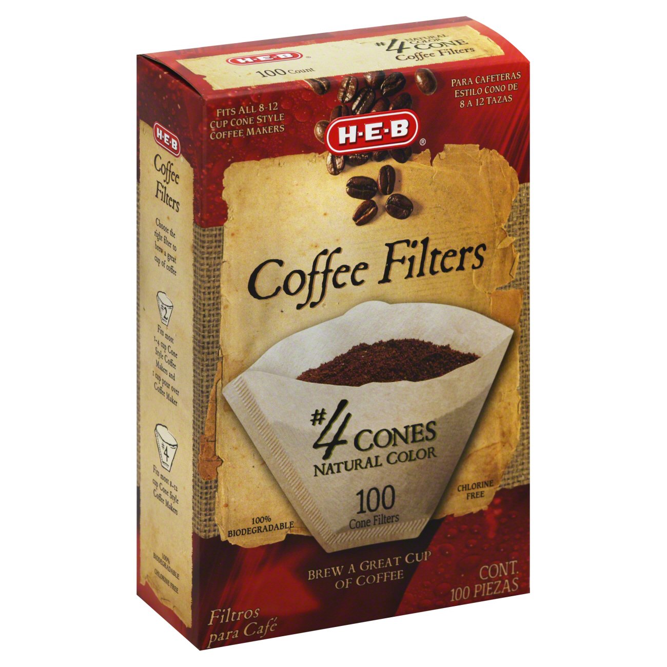 H-E-B Cone Coffee Filters, No. 4, Natural Brown - Shop Coffee Filters ...