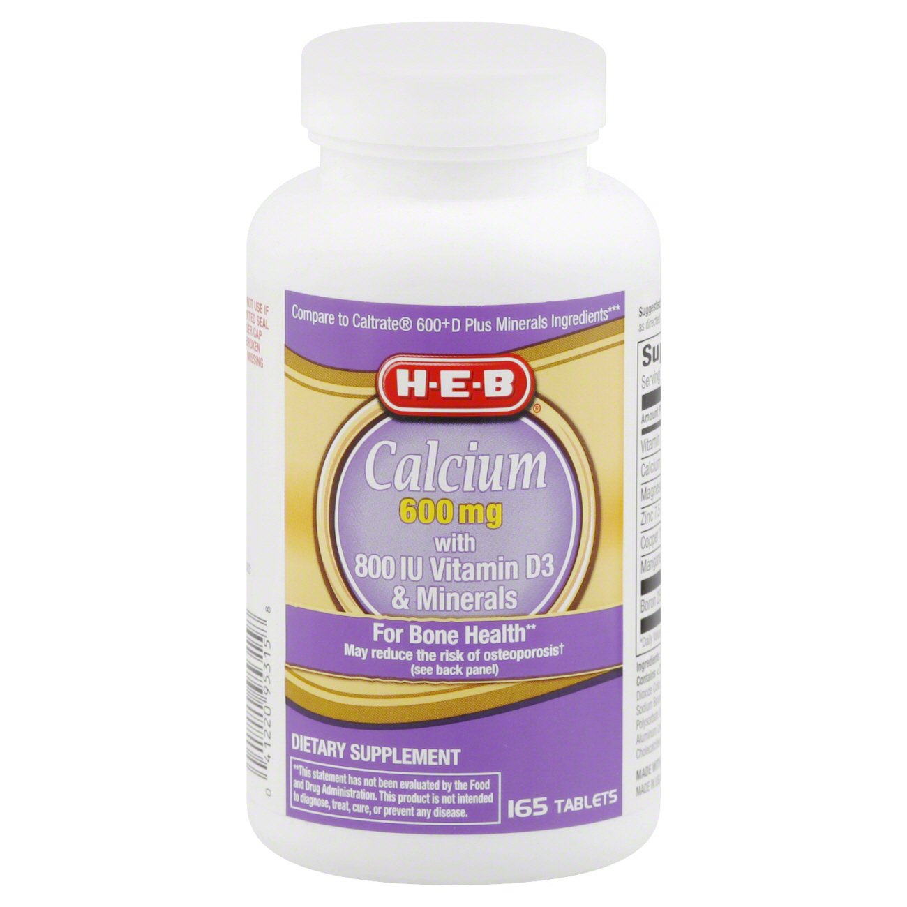 H E B Calcium With Vitamin D3 Dietary Supplement Tablets 600 Mg