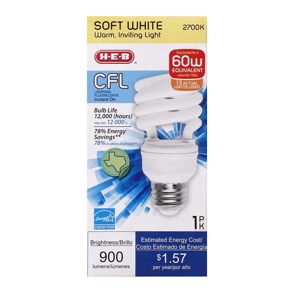 H-E-B Instant On 13-Watt Soft White CFL Light Bulb - Shop Light bulbs ...