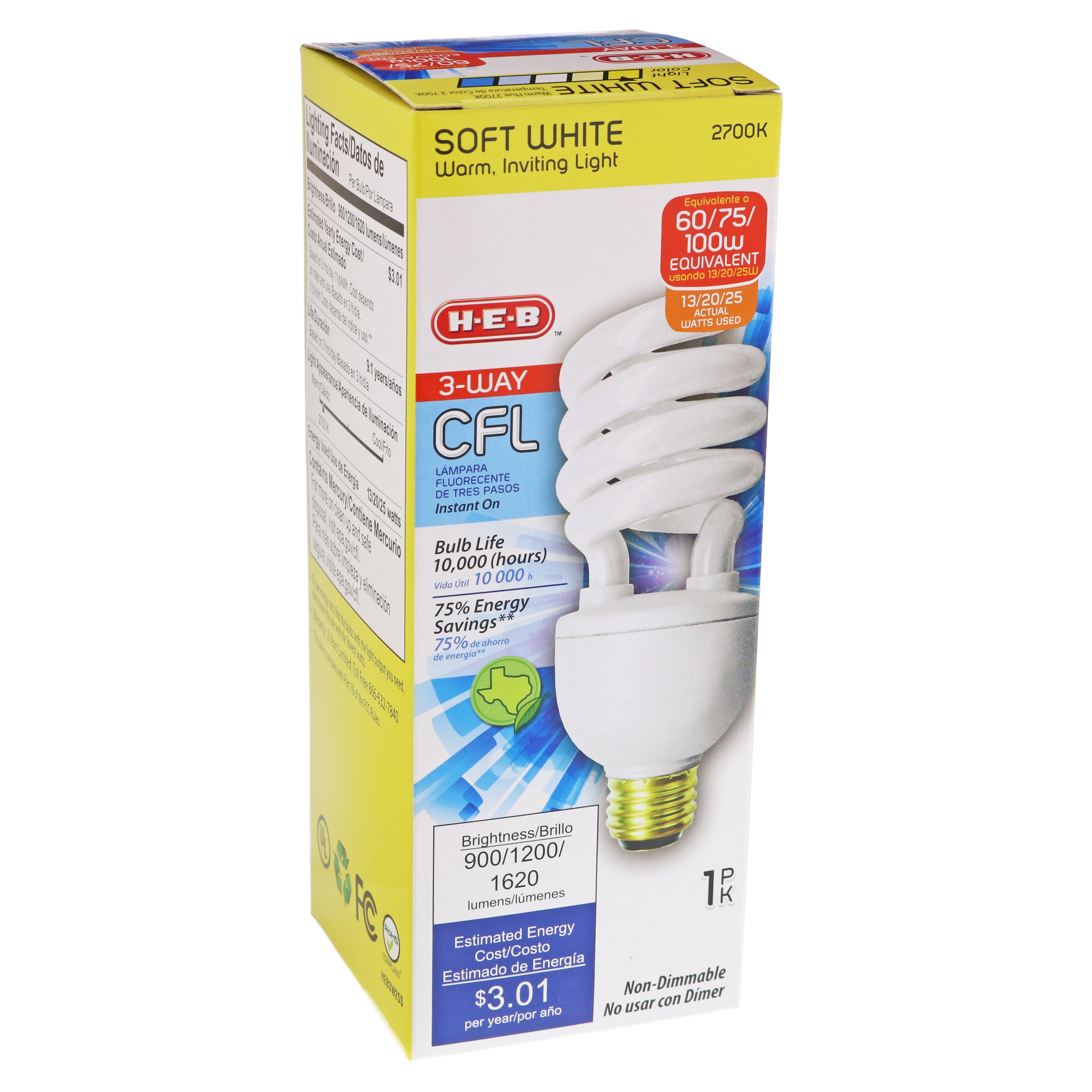 H-E-B Instant On 3-Way Soft White CFL Light Bulb - Shop Light bulbs at ...