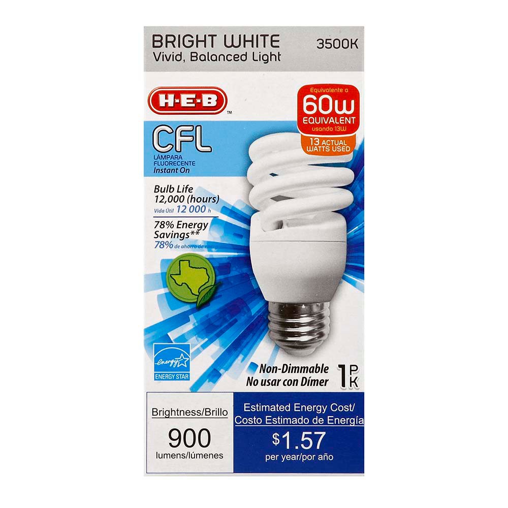 H-E-B Instant On 60-Watt Bright White CFL Light Bulb - Shop Light Bulbs ...
