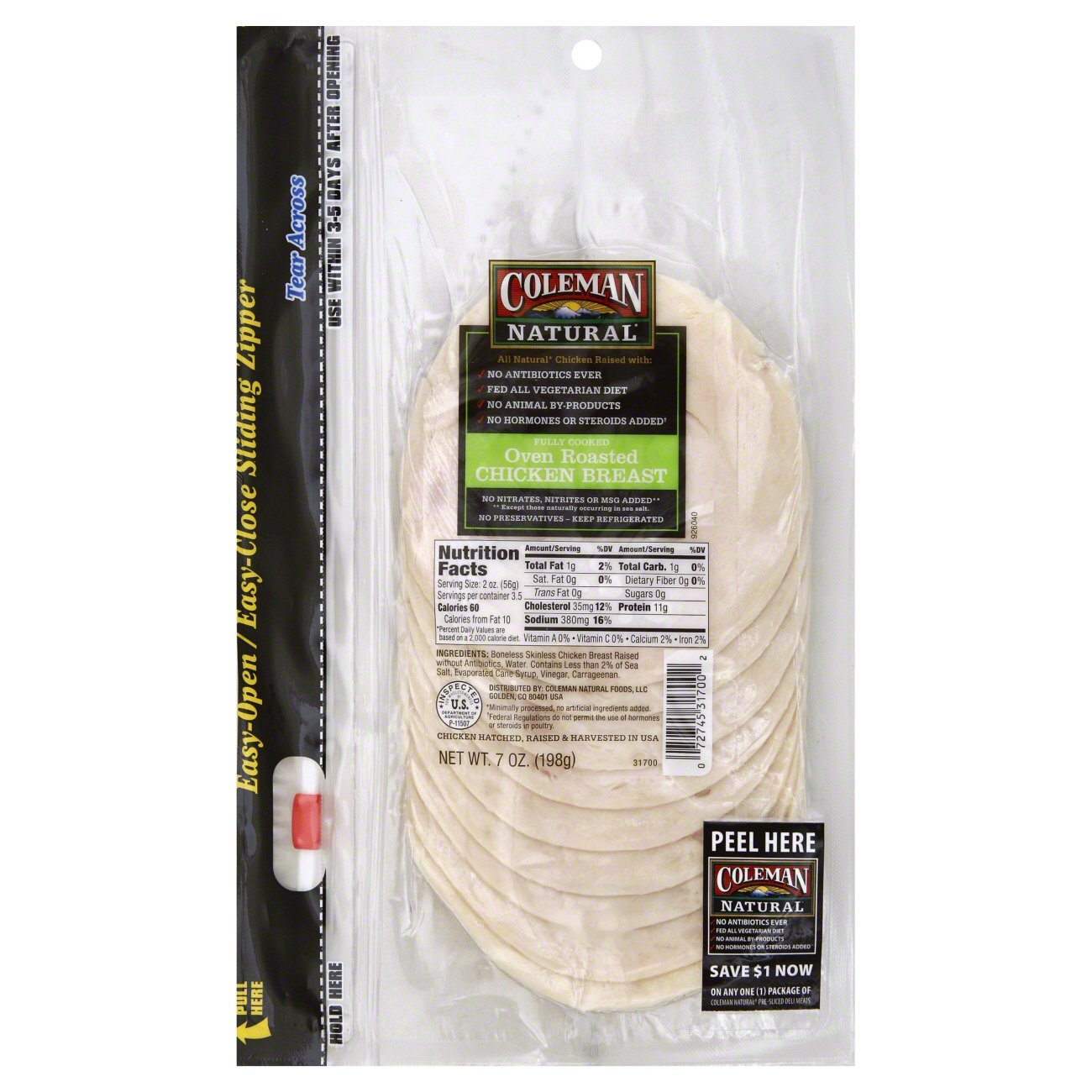 Coleman Natural Fully Cooked Oven Roasted Sliced Chicken Breast - Shop ...