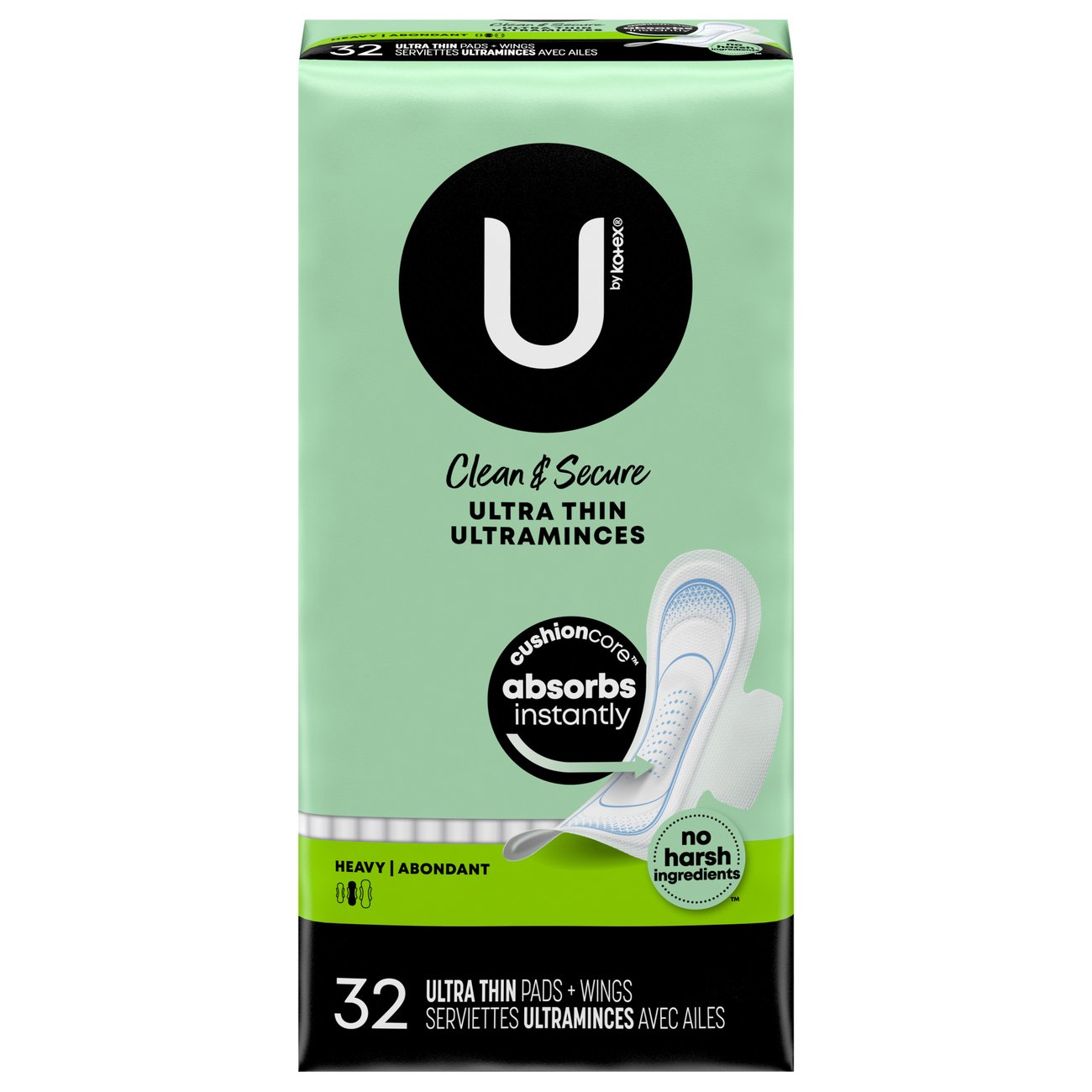 U by Kotex Clean & Secure Ultra Thin Pads with Wings - Heavy Absorbency ...