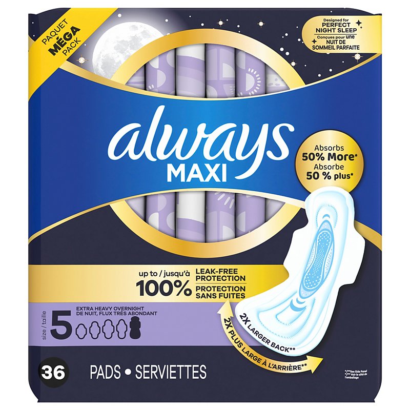 Always Maxi Pads Size 5 Overnight Absorbency Unscented with Wings ... Always Maxi Pads Size 5 Overnight Absorbency Unscented with Wings ...