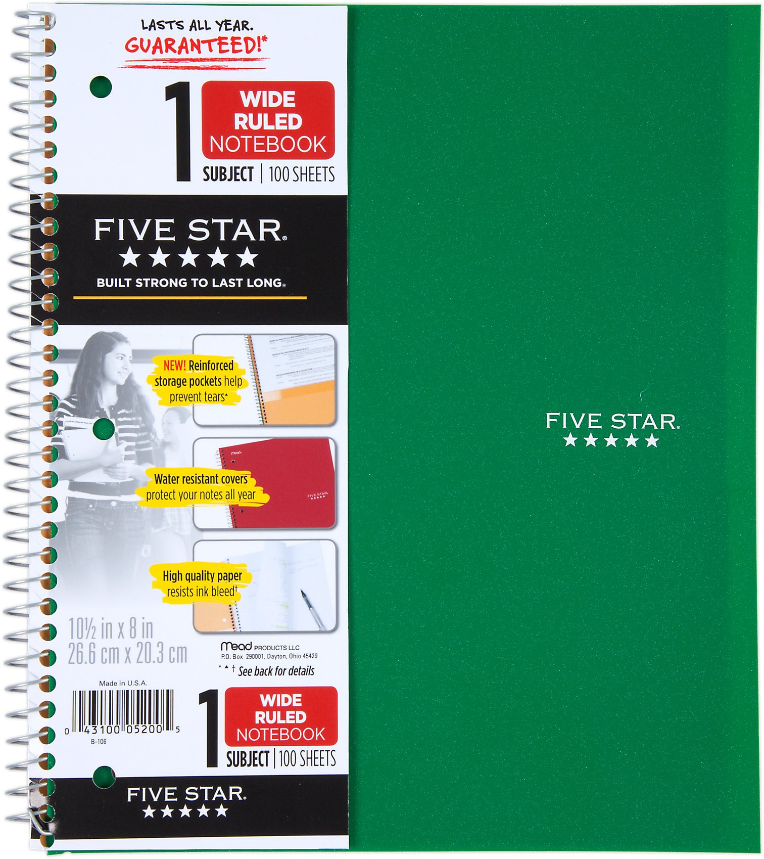 Mead Five Star 1 Subject Wirebound Wide Ruled Notebook Green Shop