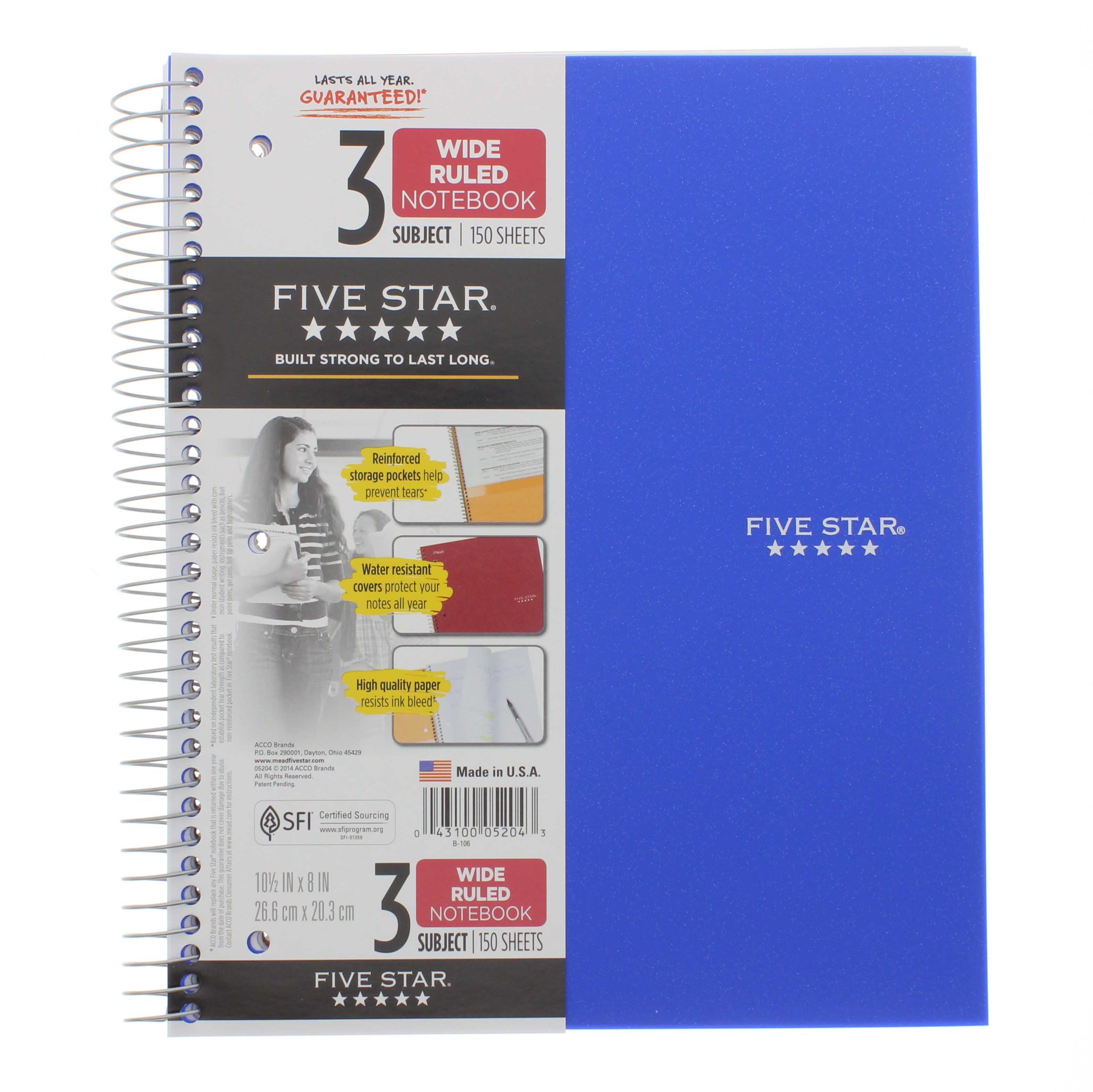 Mead Five Star 3 Subject Wirebound Wide Ruled Notebook, Blue - Shop ...