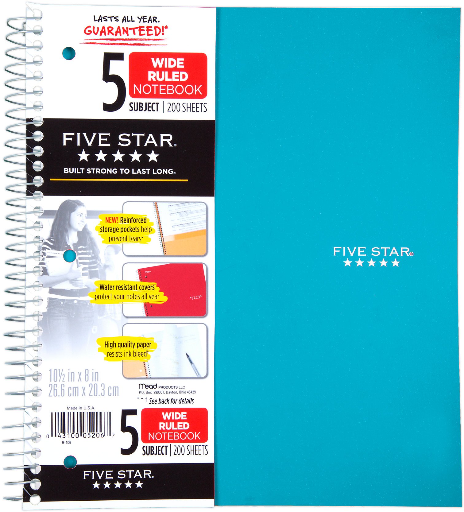 Mead Five Star 5 Subject Wirebound Wide Ruled Notebook, Teal - Shop ...