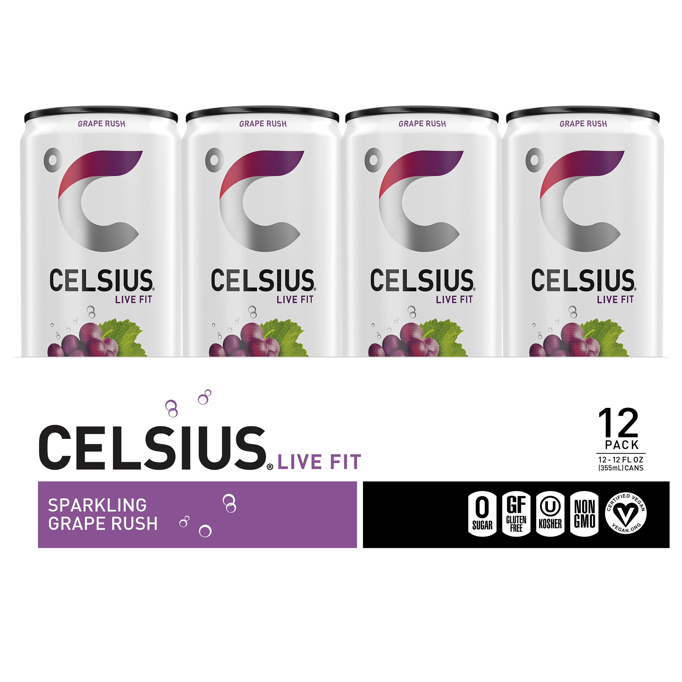 Celsius Sparkling Zero Sugar Energy Drinks 12 pk Cans - Grape Rush ...