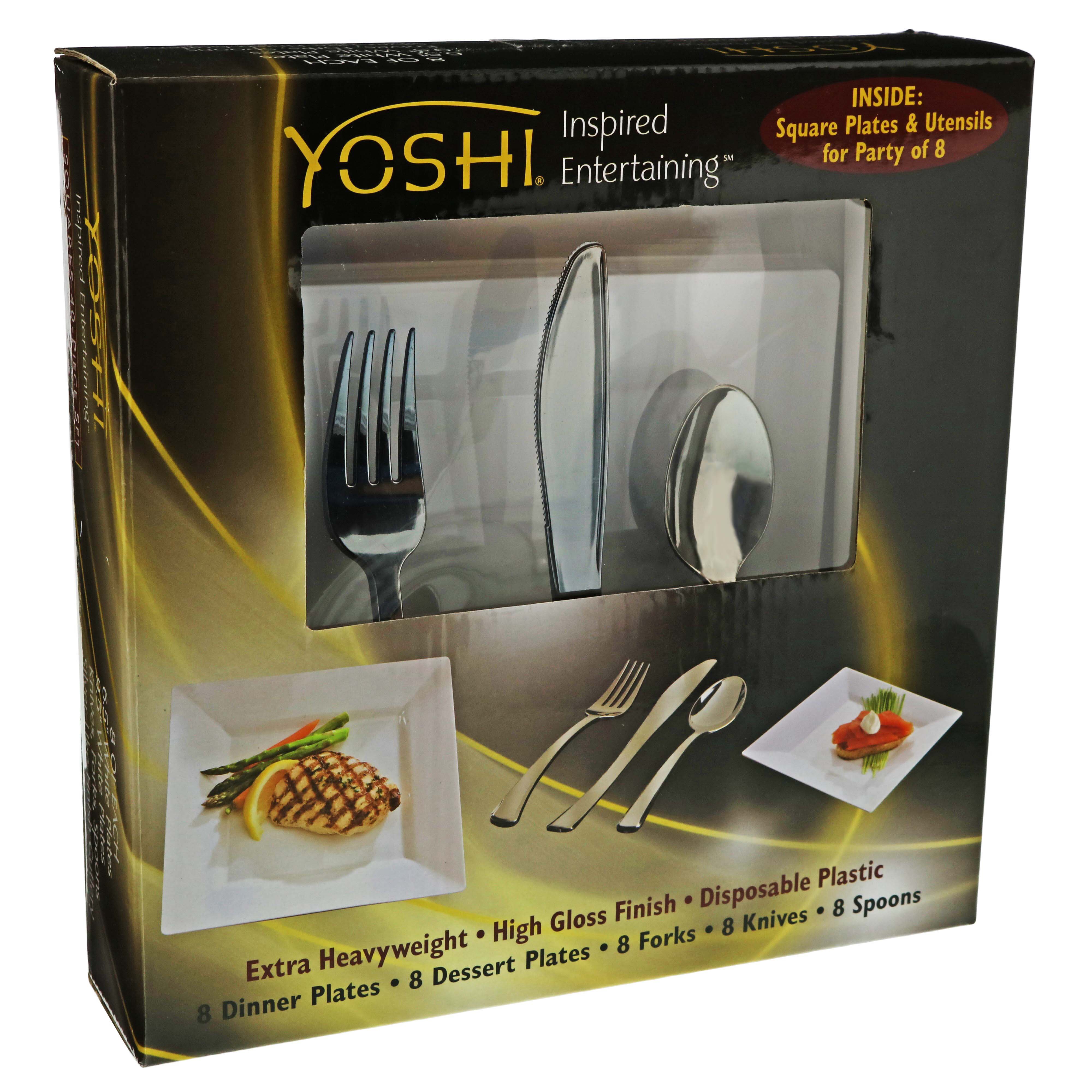Yoshi Disposable Square Plates with Plastic Knives, Forks & Spoons ...