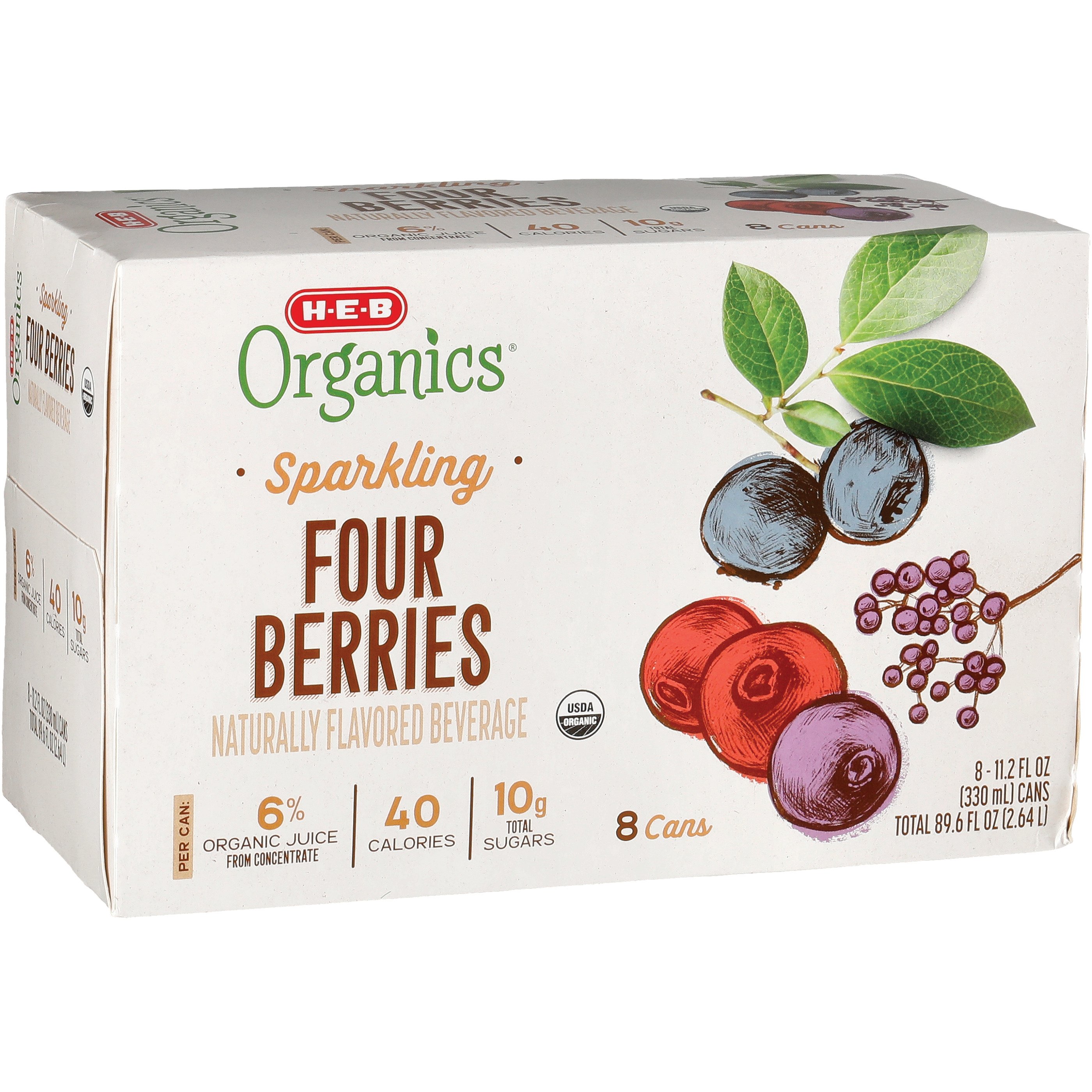 H-E-B Organics Four Berries Sparkling Beverage 8 pk Cans - Shop Water ...