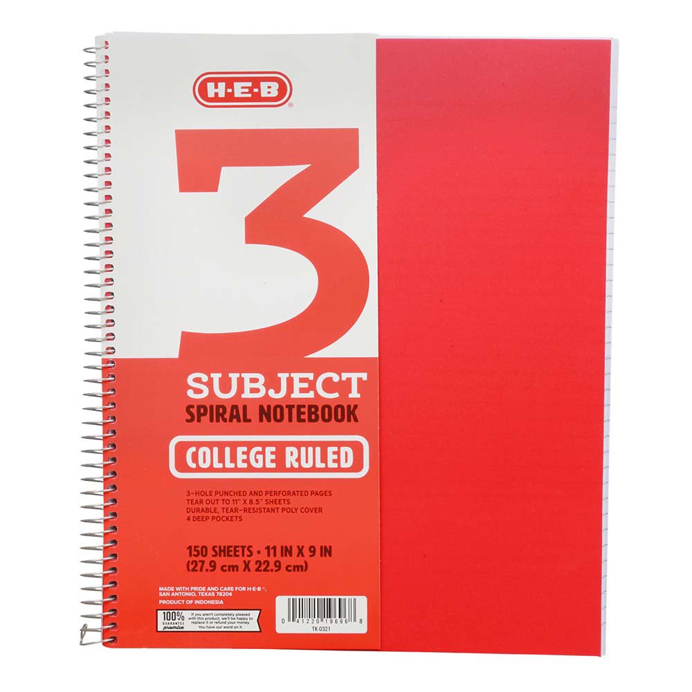 H-E-B 3 Subject College Ruled Poly Spiral Notebook - Red - Shop ...