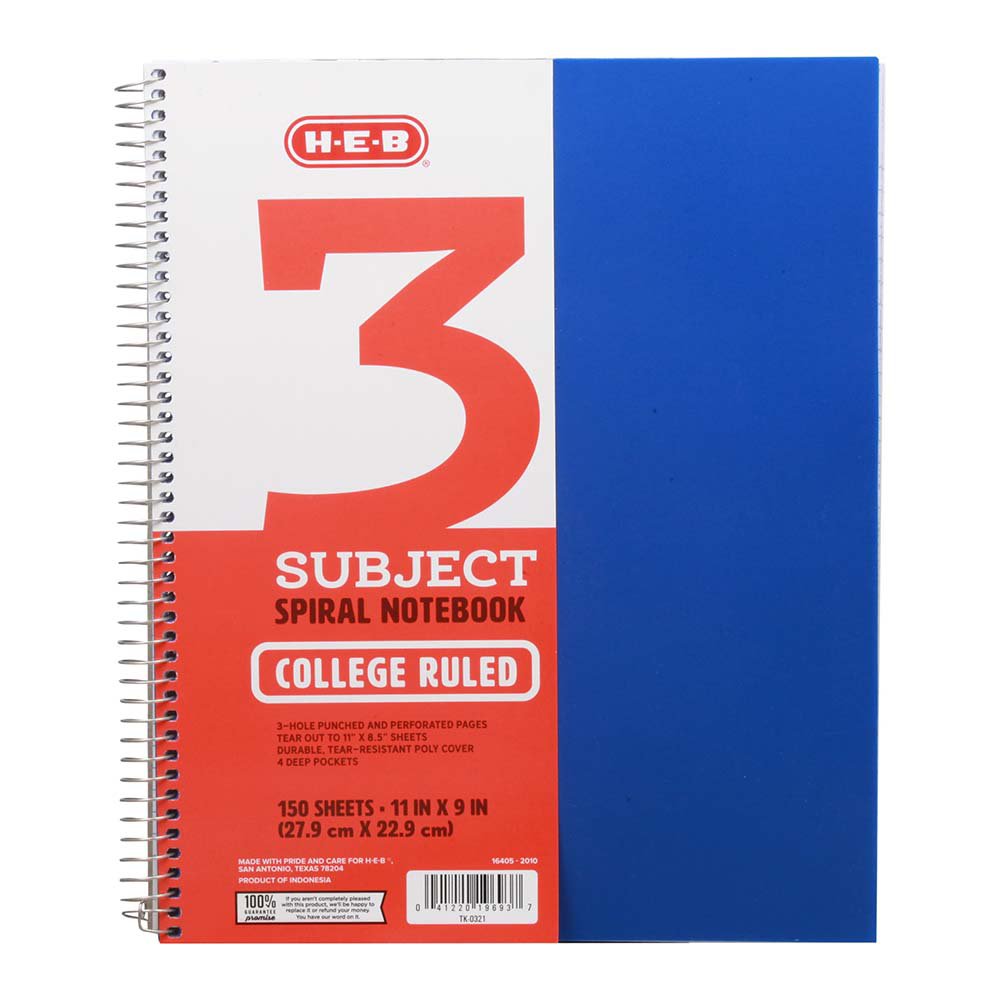 H-E-B 3 Subject College Ruled Poly Spiral Notebook - Blue - Shop ...