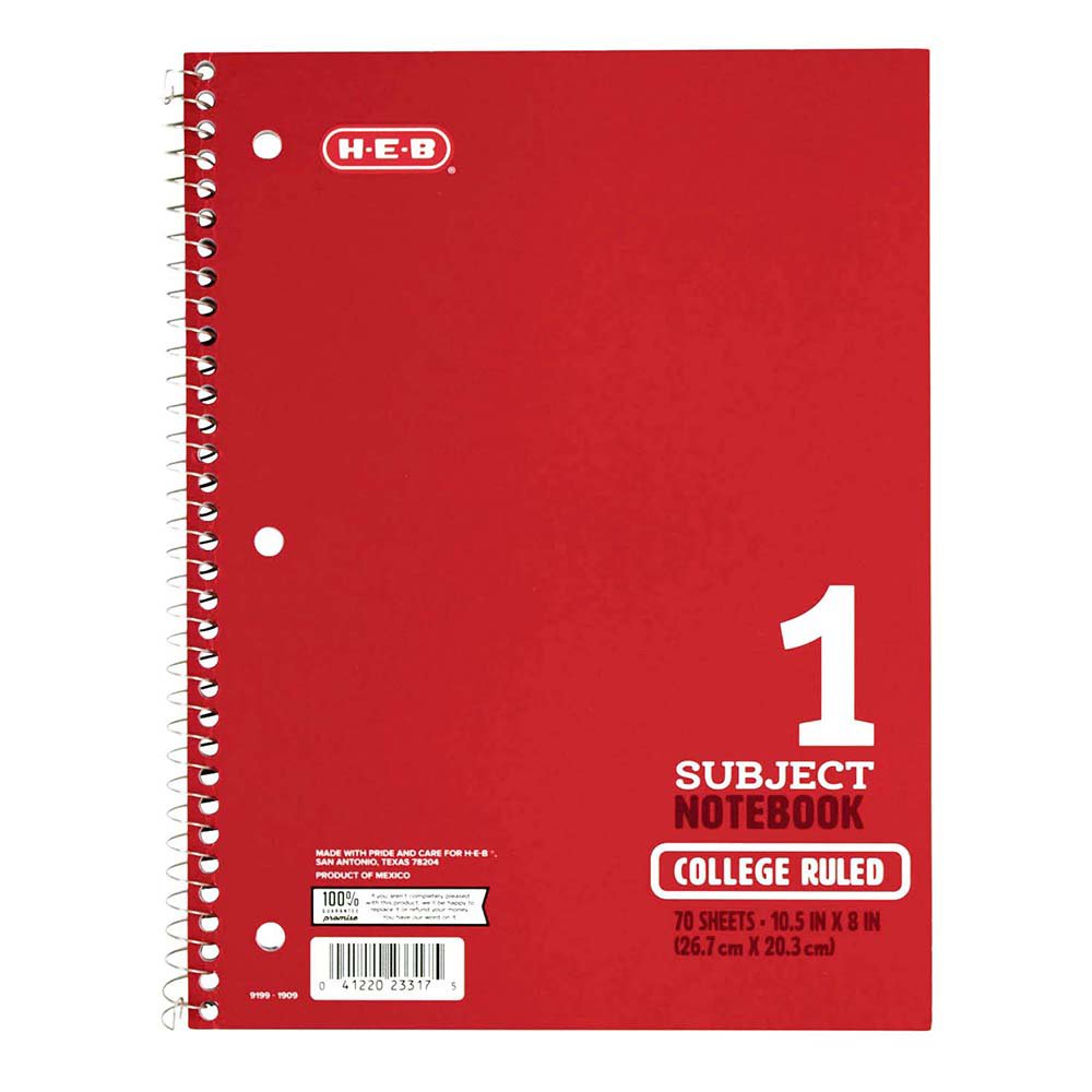 H-E-B 1 Subject College Ruled Spiral Notebook – Red - Shop School ...
