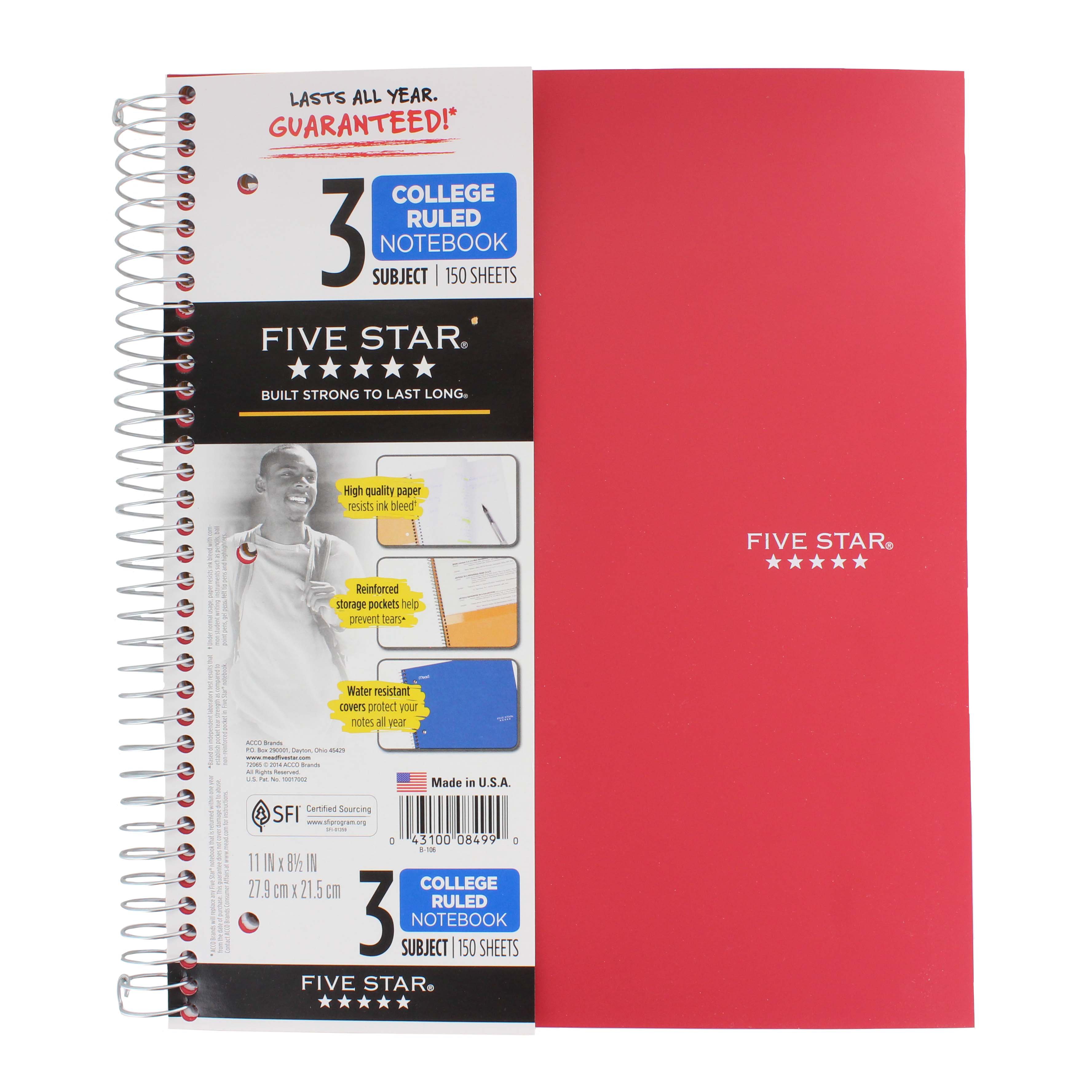 Five Star Red 3 Subject College Ruled Spiral Notebook - Shop Notebooks ...
