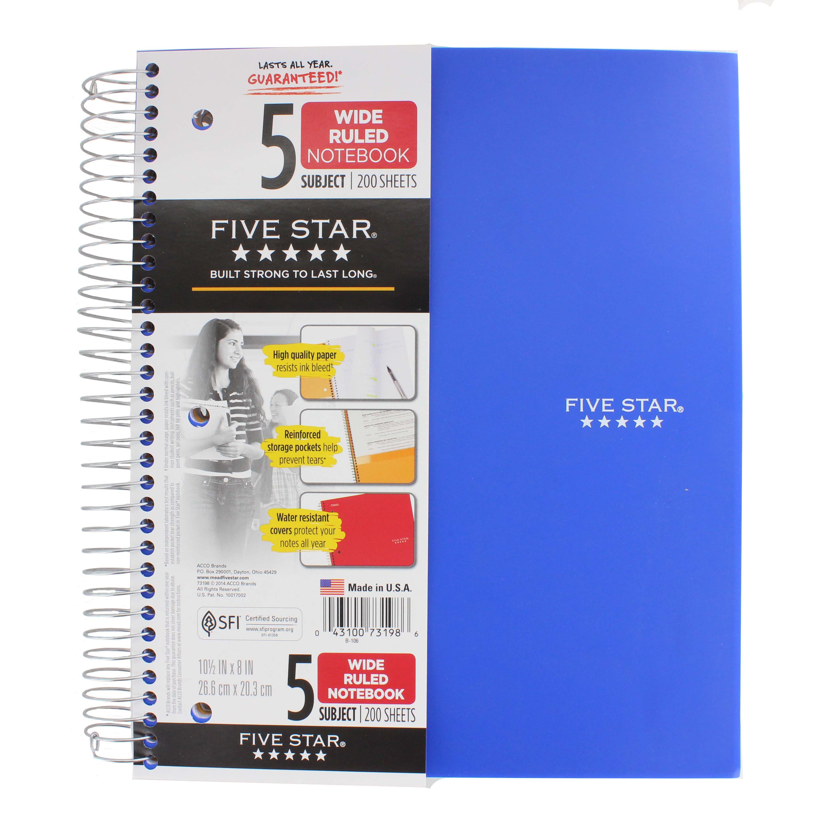Five Star Blue 5 Subject Wide Ruled Spiral Notebook - Shop Notebooks at ...