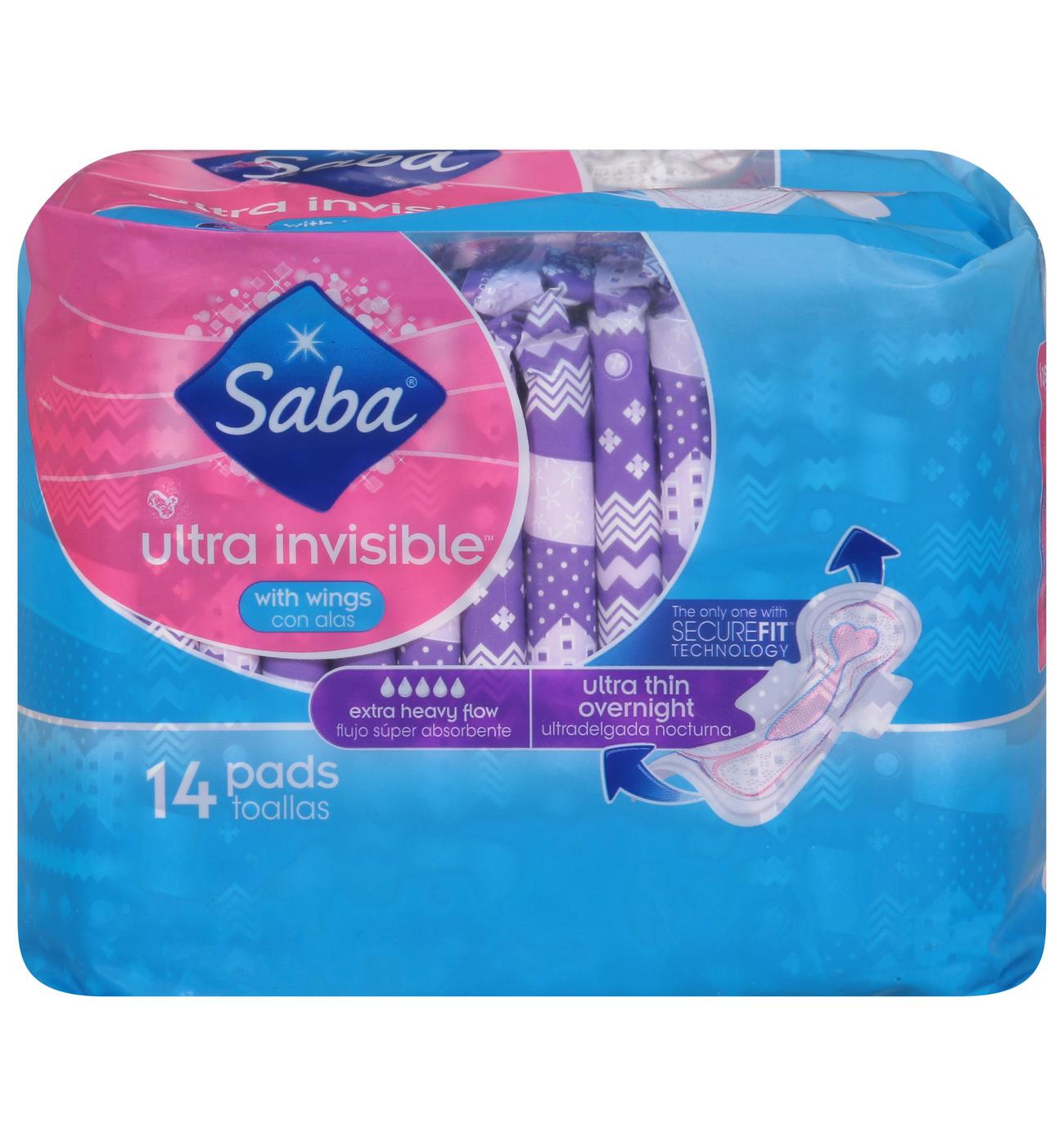 Saba Ultra Invisible Pads with Wings - Ultra Thin Overnight - Shop Pads ...