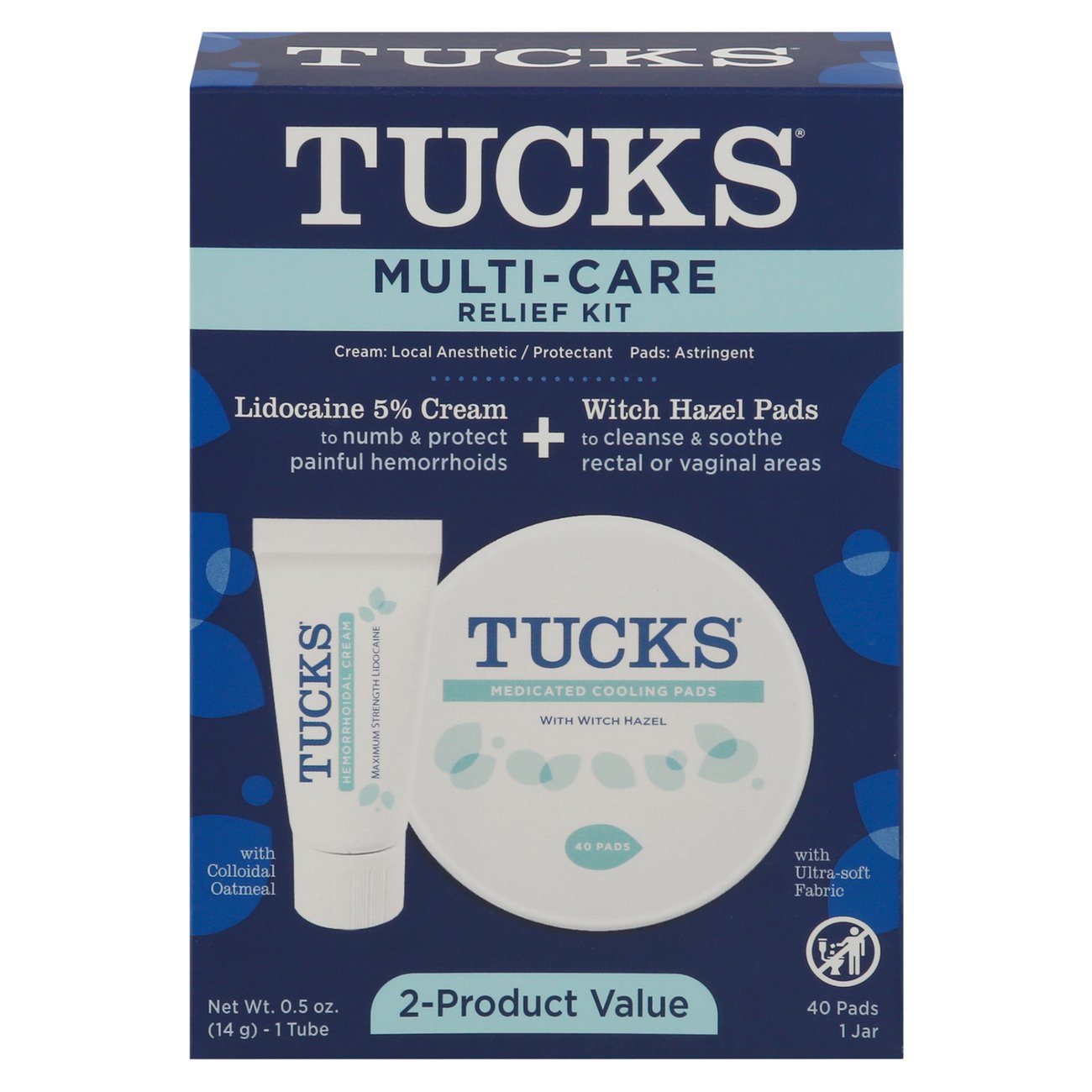 TUCKS Multi-Care Relief Kit - Lidocaine 5% Cream & Witch Hazel Pads, 40 ...