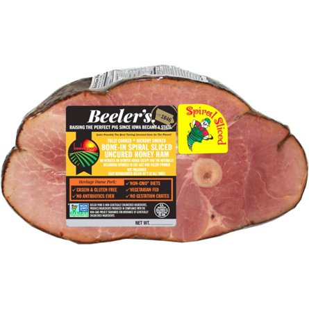 Beeler's Uncured Non-GMO Natural Bone-In Spiral Sliced Honey Ham, 7-9 ...