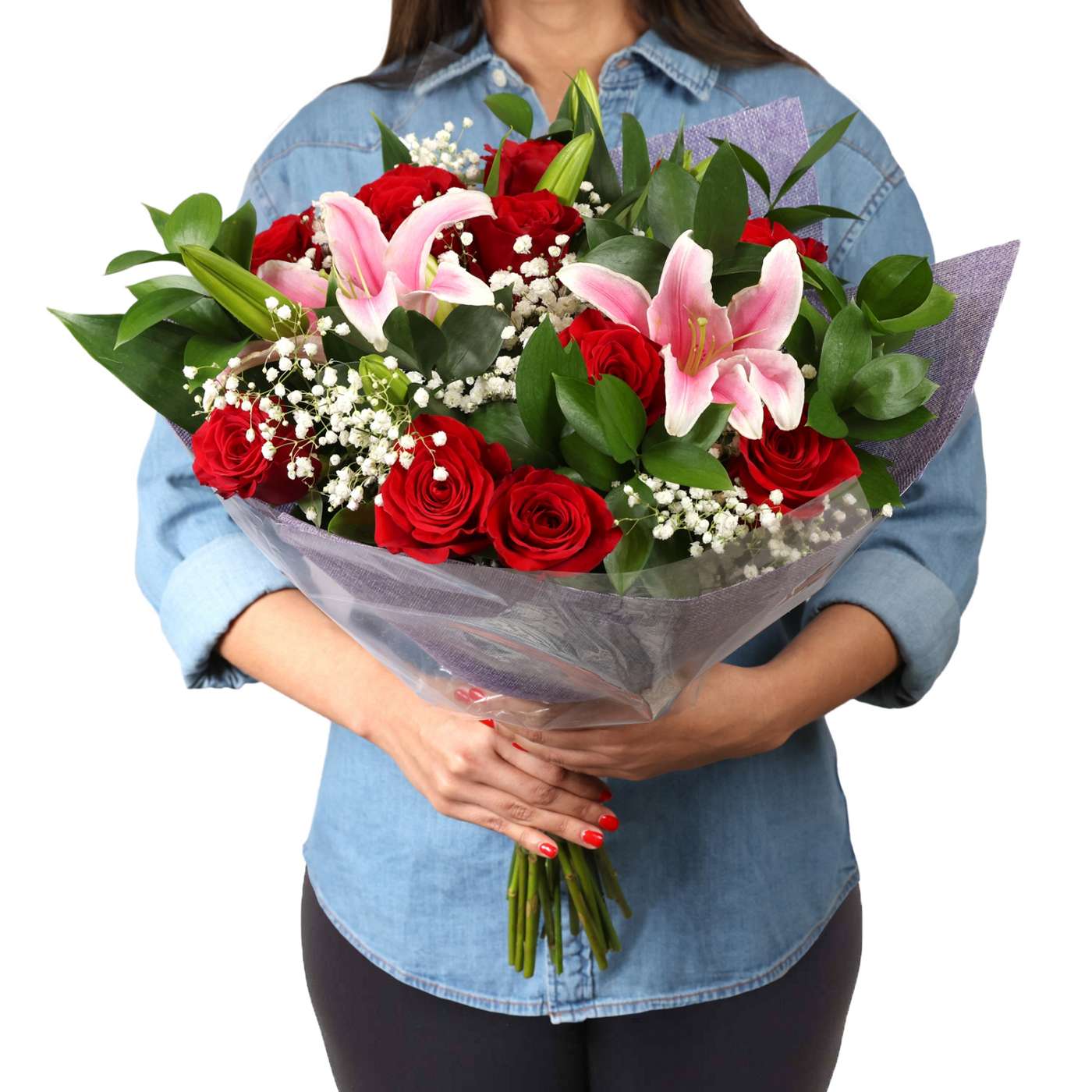 BLOOMS by H-E-B Luxury Dozen Red Roses & Lilies Flower Bouquet - Shop ...