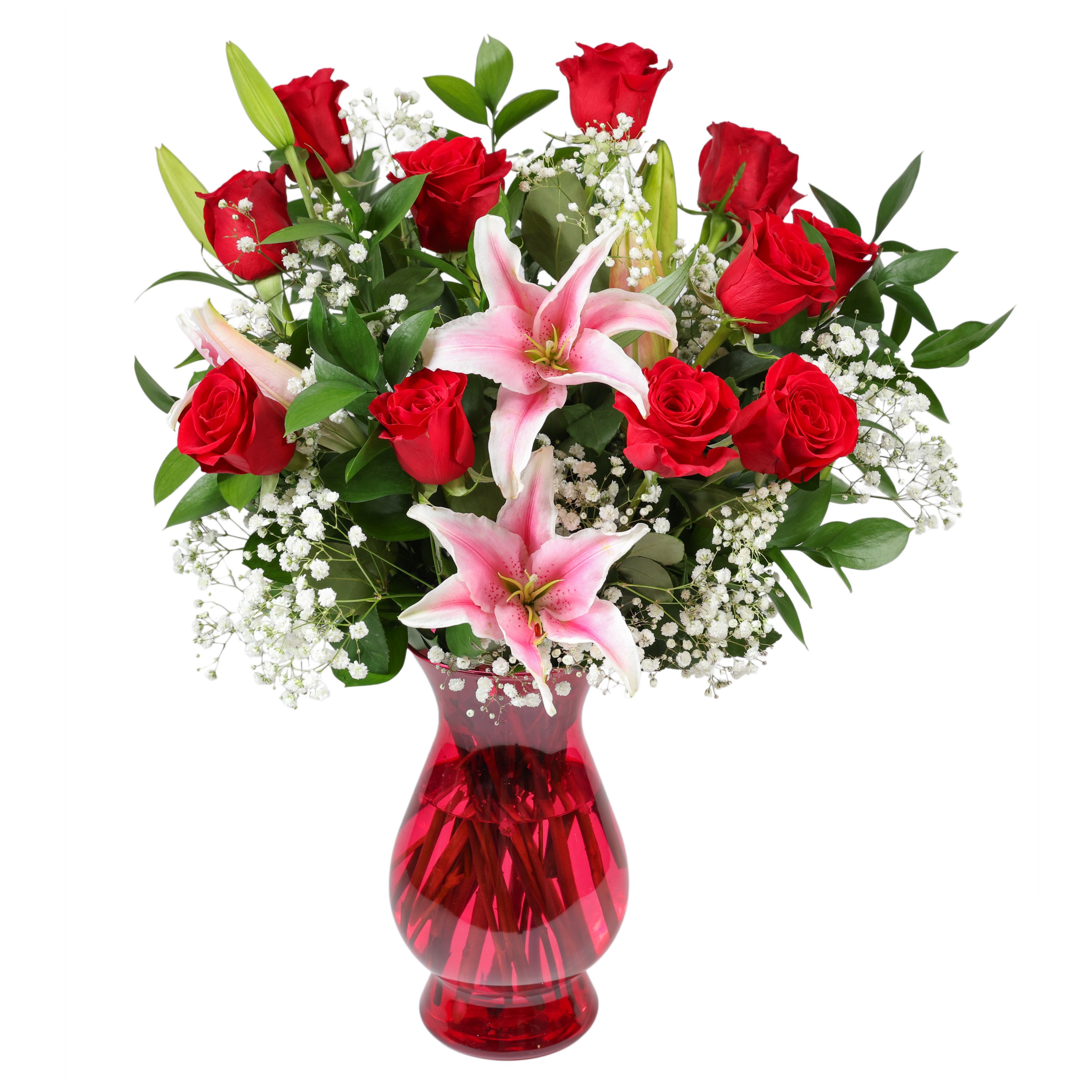 BLOOMS by H-E-B Luxury Dozen Red Roses & Lilies Flower Arrangement ...