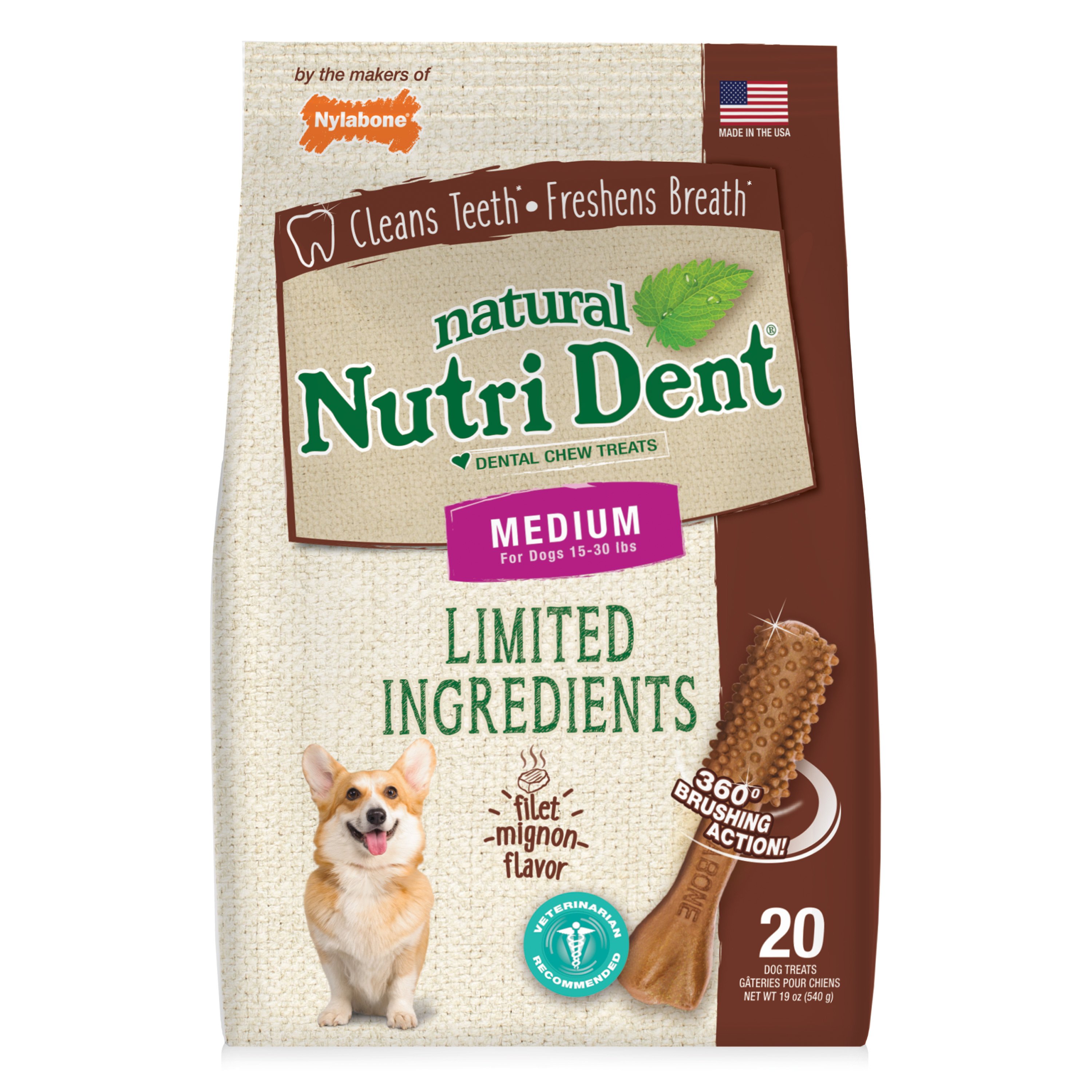 Nylabone Nutri-Dent Filet Mignon Flavor Medium Dental Dog Treats - Shop ...