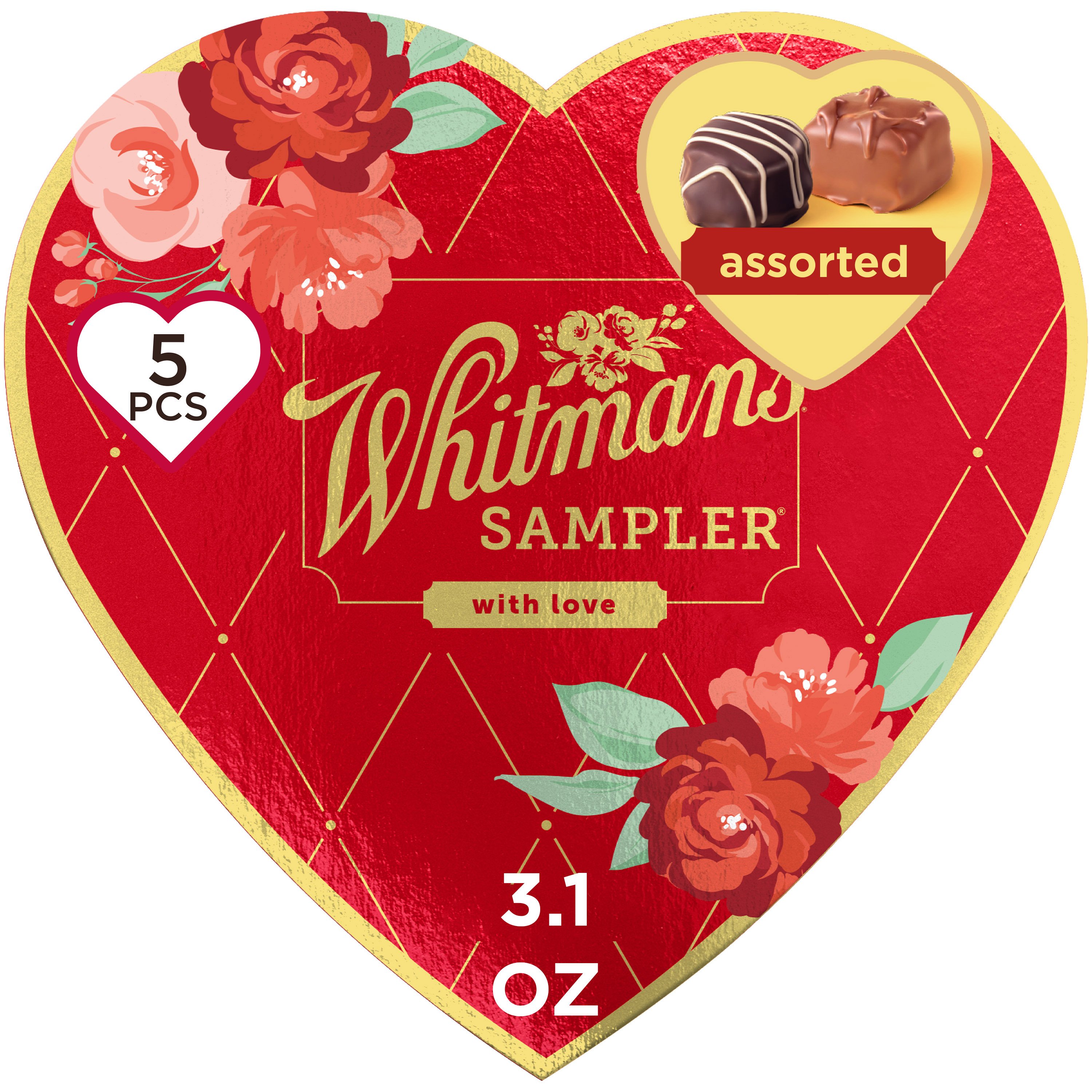 Whitman's Sampler Assorted Chocolates Valentine's Heart Gift Box, 5 pc ...