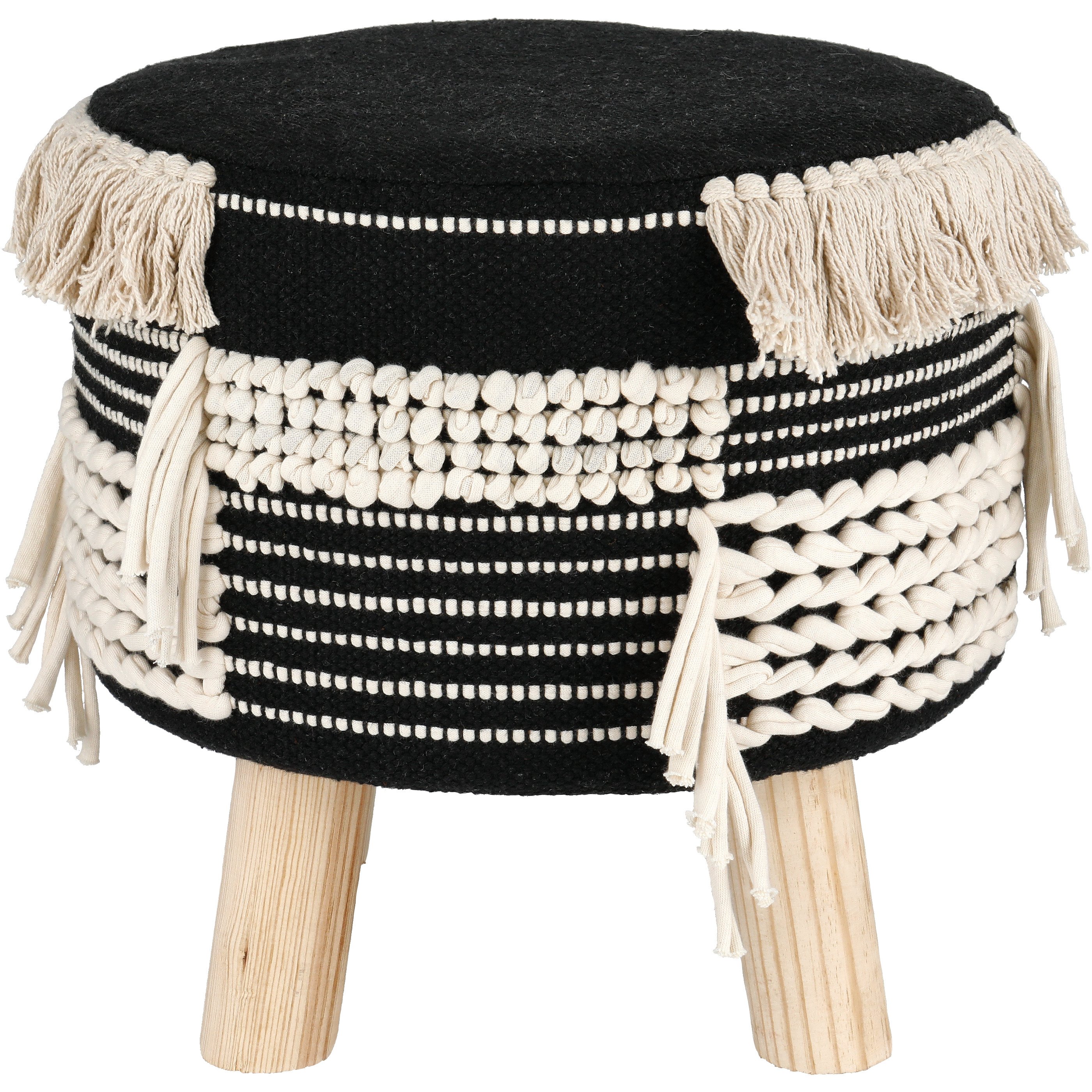 Haven + Key Round Footed Pouf Stool with Fringe - Black & Ivory - Shop ...
