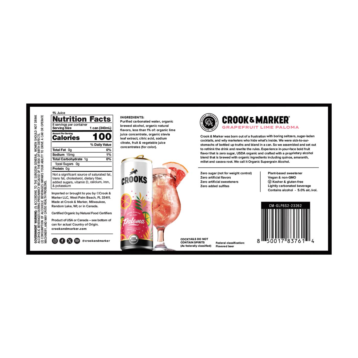 Crook & Marker Crooks Grapefruit Lime Paloma 8 pk Cans - Shop Malt ...