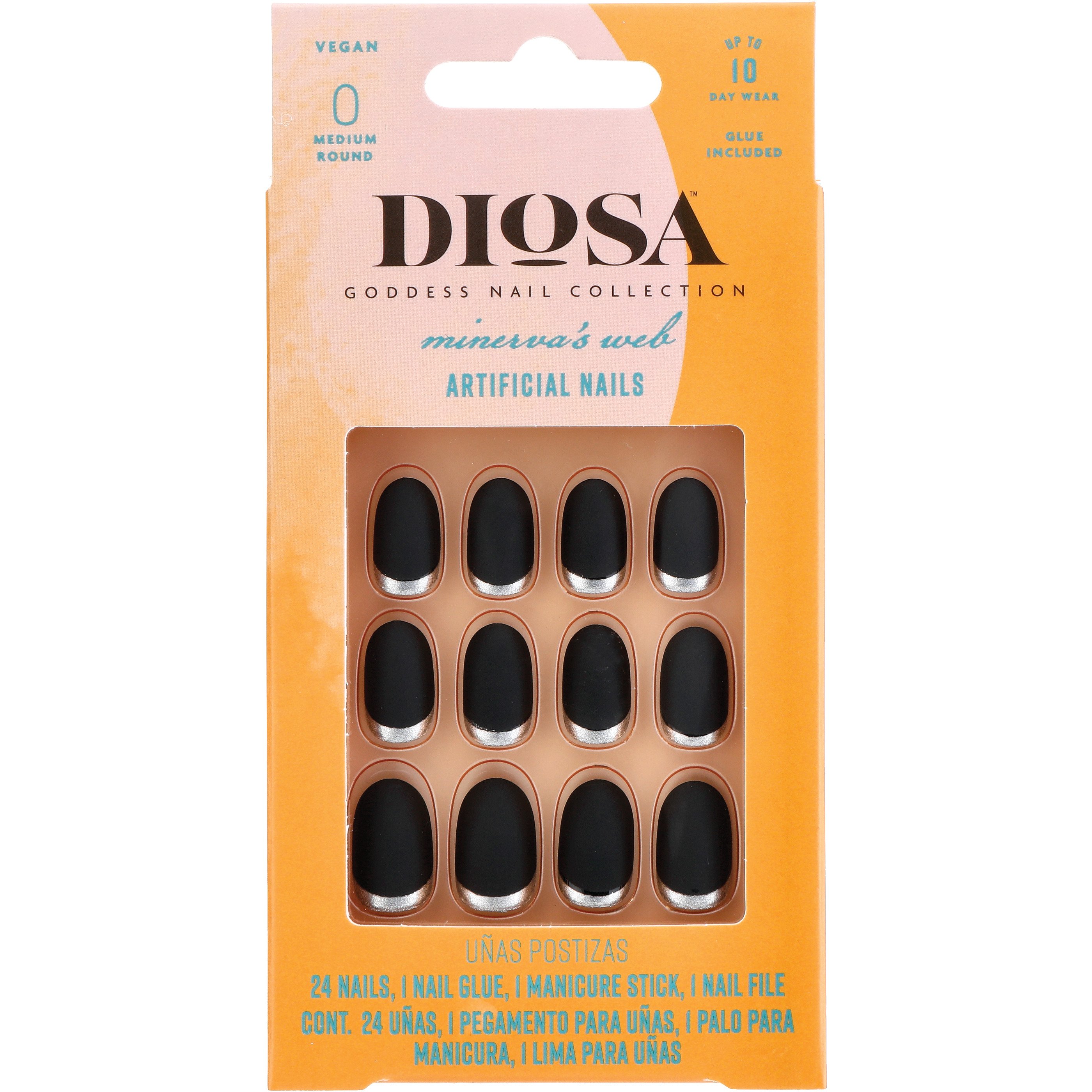 Diosa Minerva's Web Artificial Nails - Black & Silver Reverse French ...