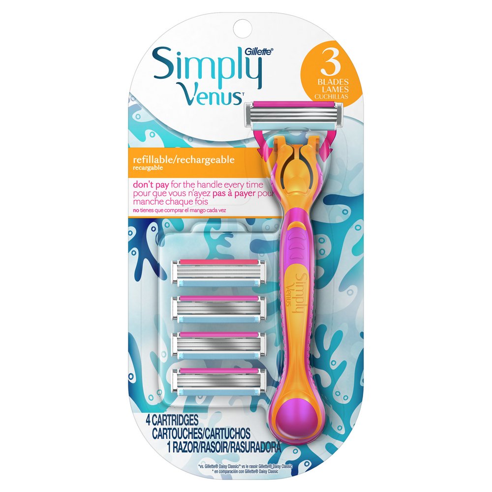 Gillette Simply Venus Refillable Razor Handle + 4 Blade Refills - Shop ...