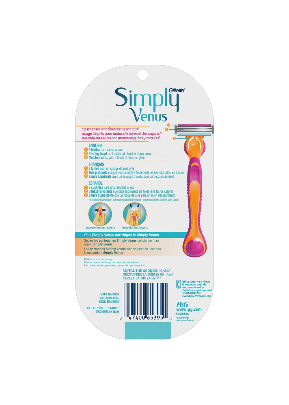 Gillette Simply Venus Refillable Razor Handle + 4 Blade Refills - Shop ...