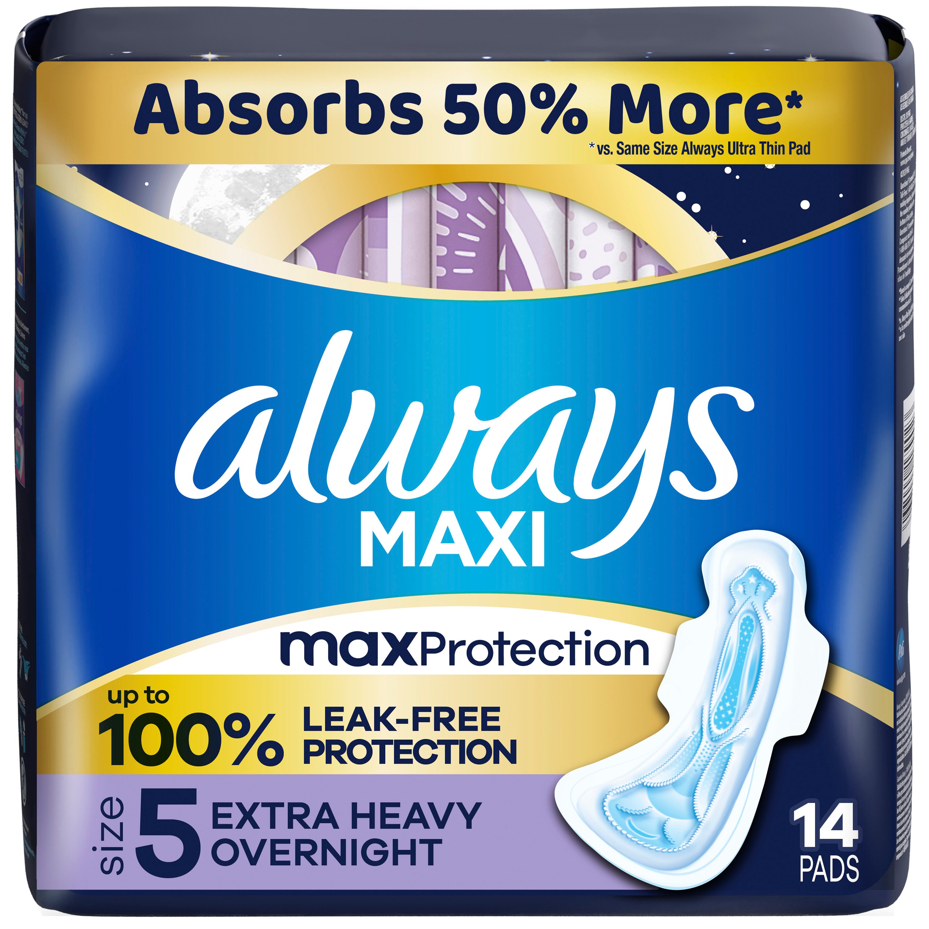 Always Maxi Overnight Pads with Wings for Women, Size 5, Extra Heavy ...