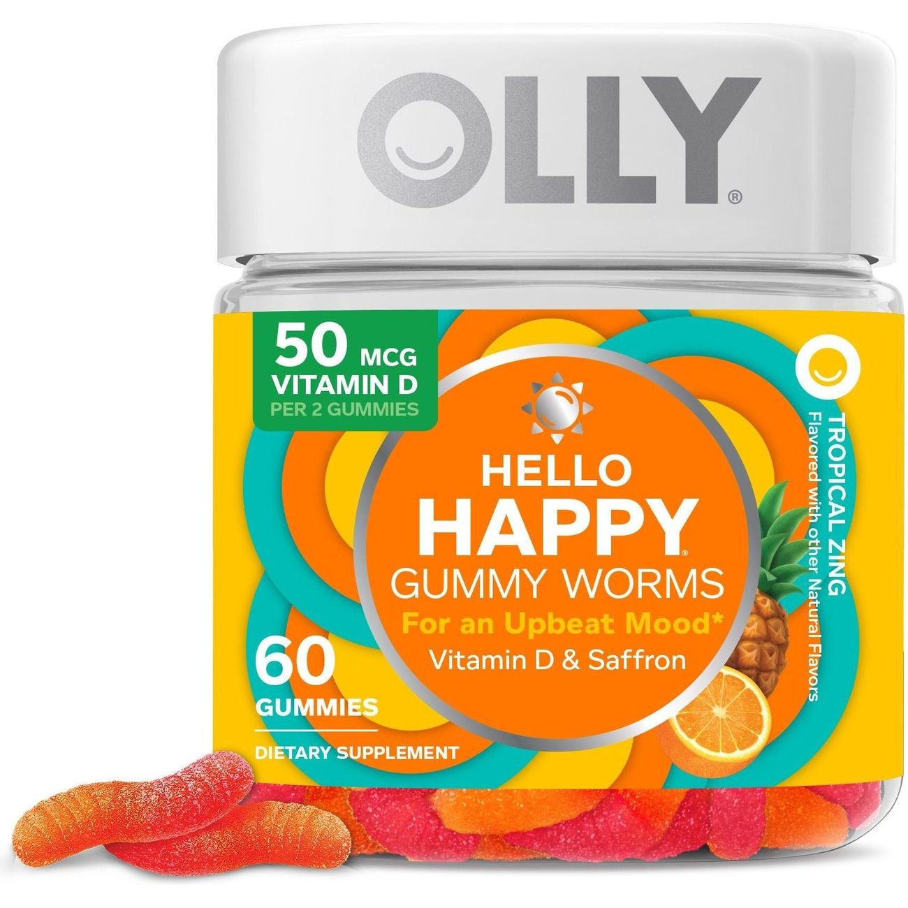 OLLY Hello Happy Mood Support 50 mcg Vitamin D & Saffron Gummy Worms ...