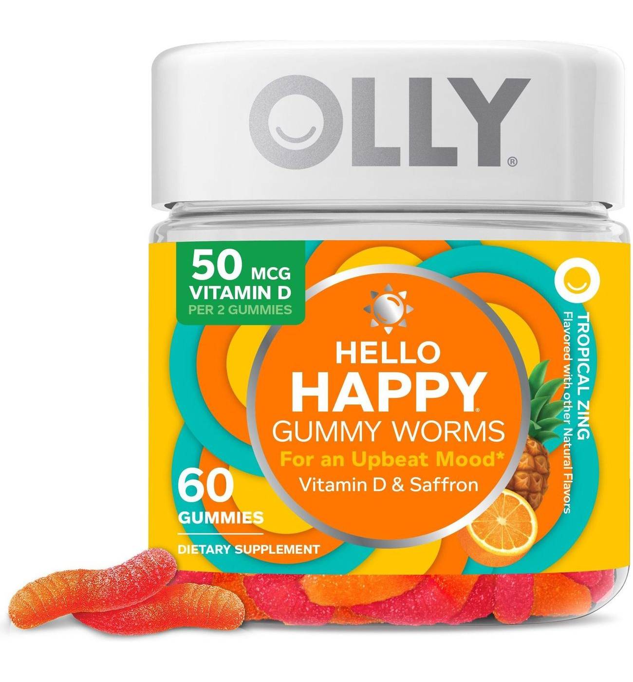 OLLY Hello Happy Mood Support 50 mcg Vitamin D & Saffron Gummy Worms ...